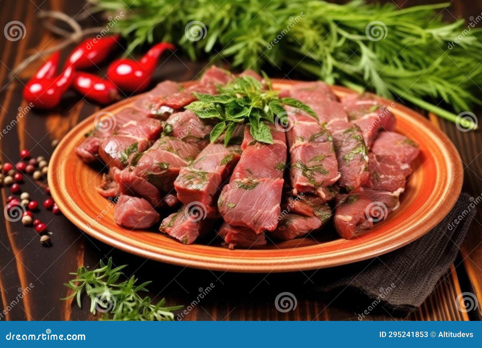 Meat Skewers Marinated in Herbs on a Clay Plate Stock Image - Image of ...