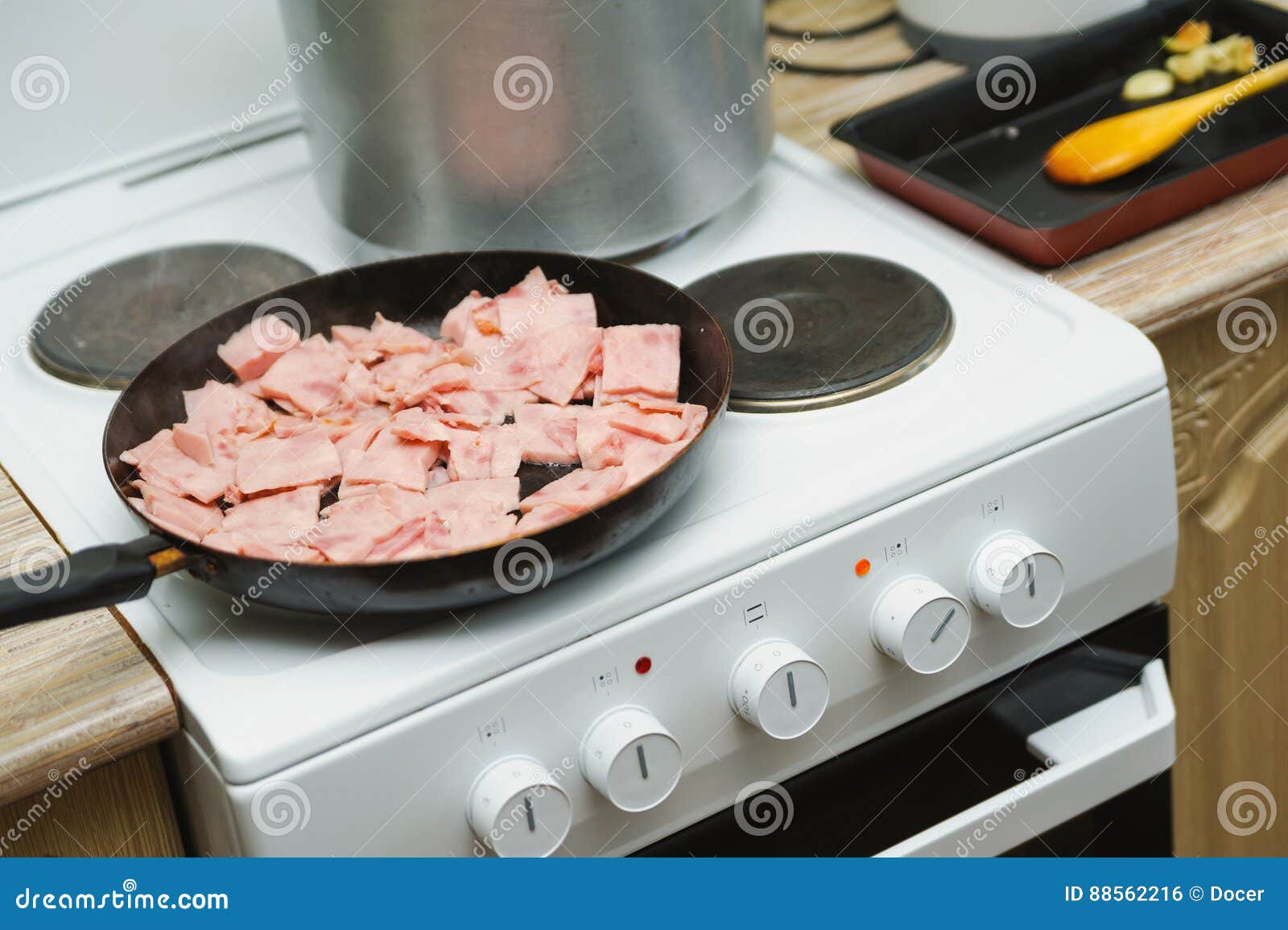 Meat slice of a frying pan stock photo. Image of appetizing - 88562216
