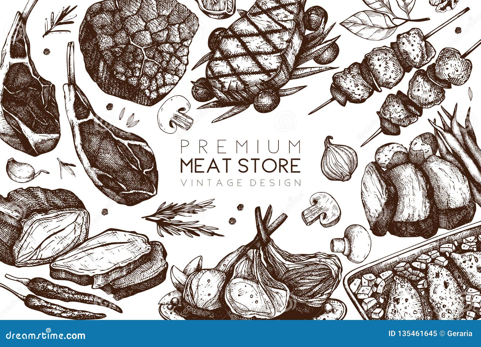 Meat Food Market Stall Vector Illustration, Cartoon Shopwindow With ...