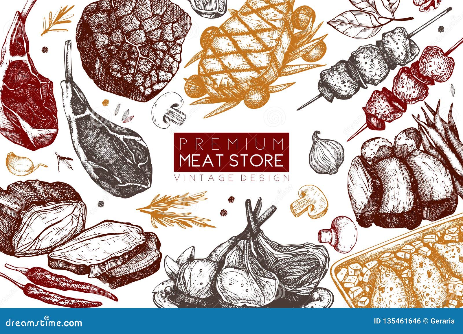 Vector Design with Hand Drawn Food Illustration. Meats Top View Frame ...
