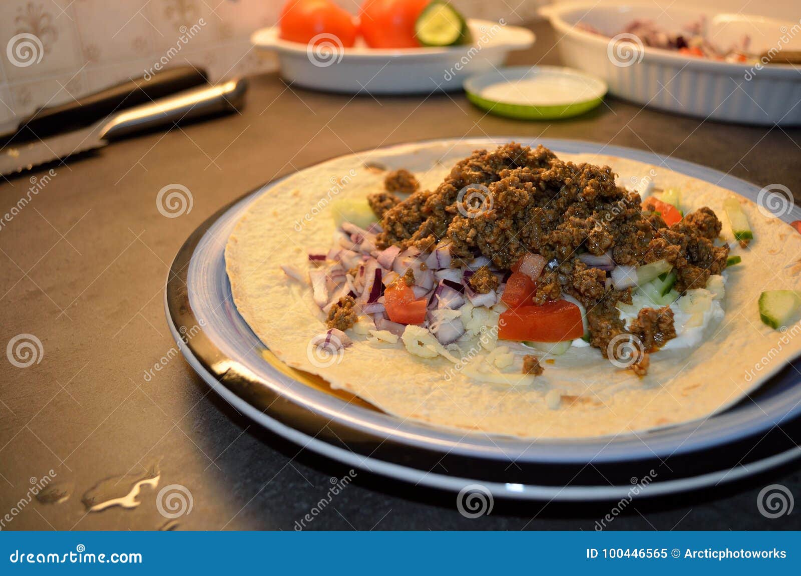 Meat Taco Dinner Plate on Kitchen Table Stock Image - Image of tortilla ...