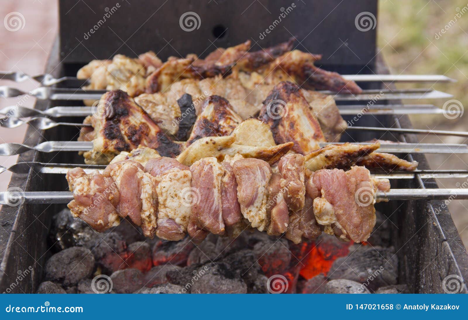 Meat Threaded on Skewers Roasted Stock Photo - Image of dinner ...