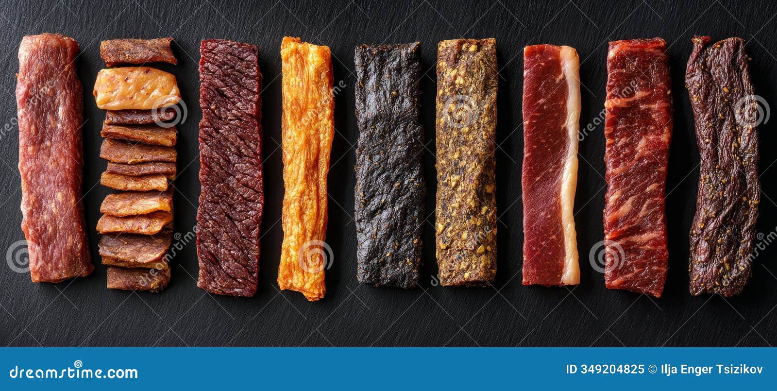 Meat Variety. Different Types of Beef Jerky Top View, on Black ...