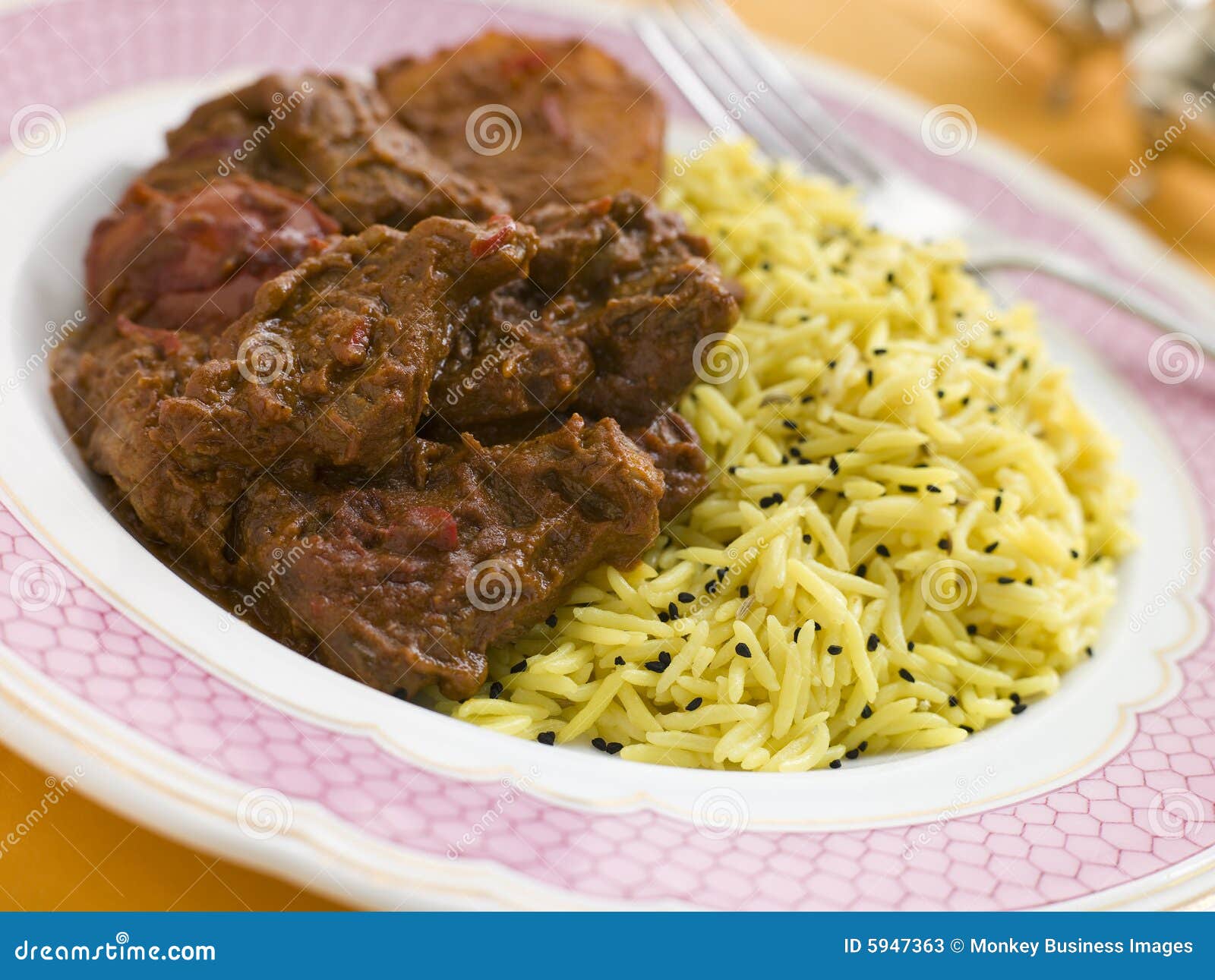 Meat Vindaloo with Pilau Rice Stock Image - Image of garam, nigella ...