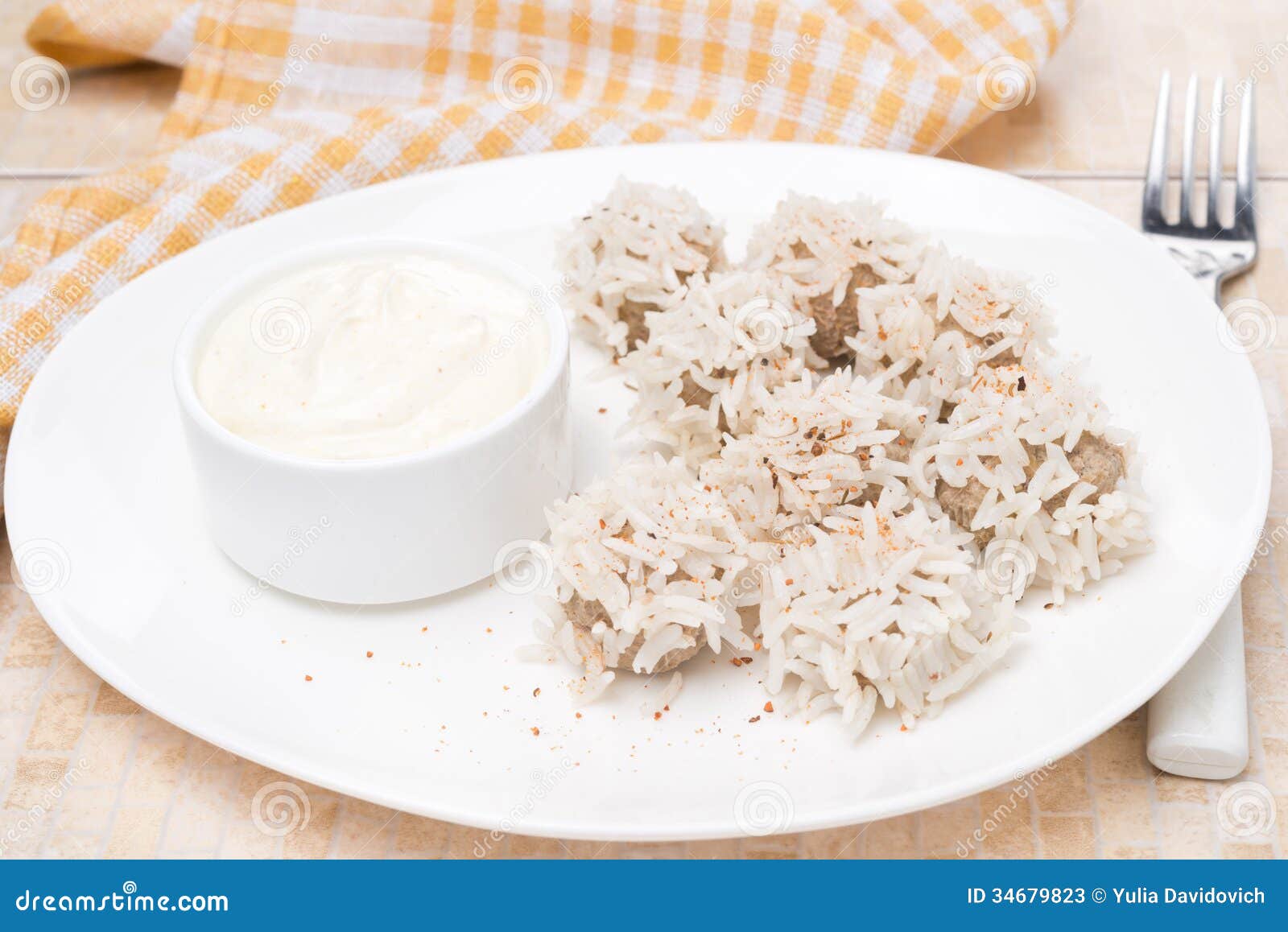Meatballs of Beef with White Rice and Yogurt Sauce Stock Image - Image ...