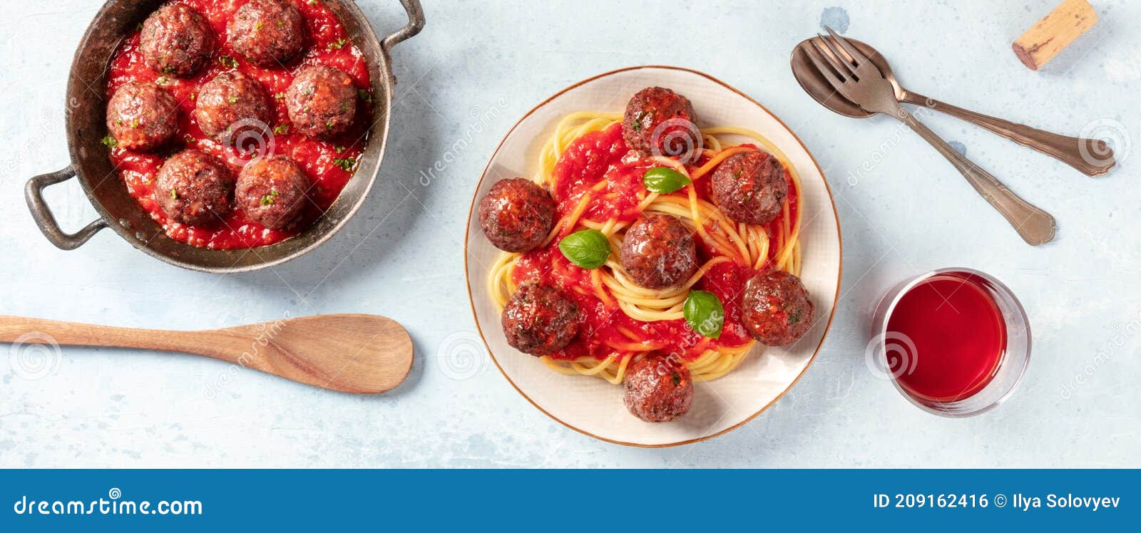 Meatballs with Pasta and Wine Flat Lay Panorama Stock Photo - Image of ...