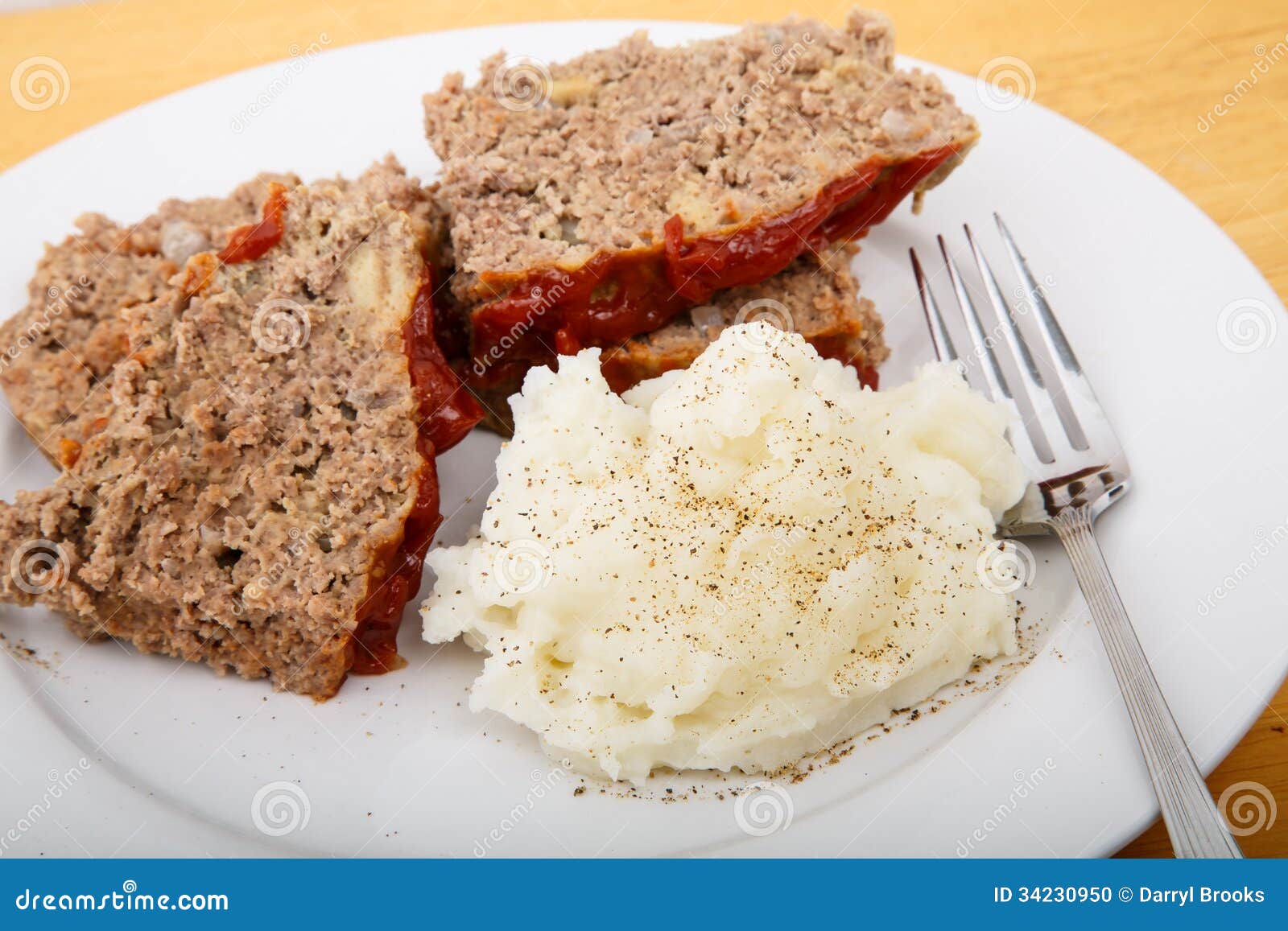 Meatloaf and Mashed Potatoes with Fork Stock Photo - Image of baked ...