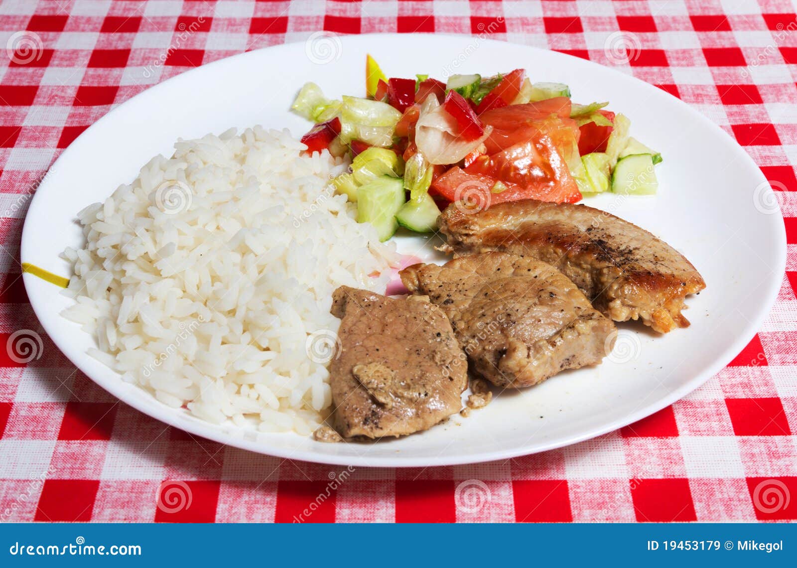 Meats, Rice and Vegetables on White Plate. Stock Image - Image of meat ...