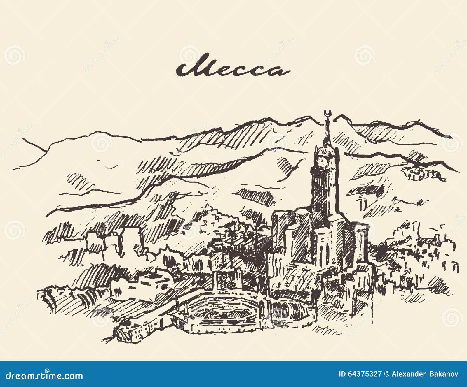 Mecca Saudi Arabia Skyline Vector Drawn Sketch Stock Vector ...