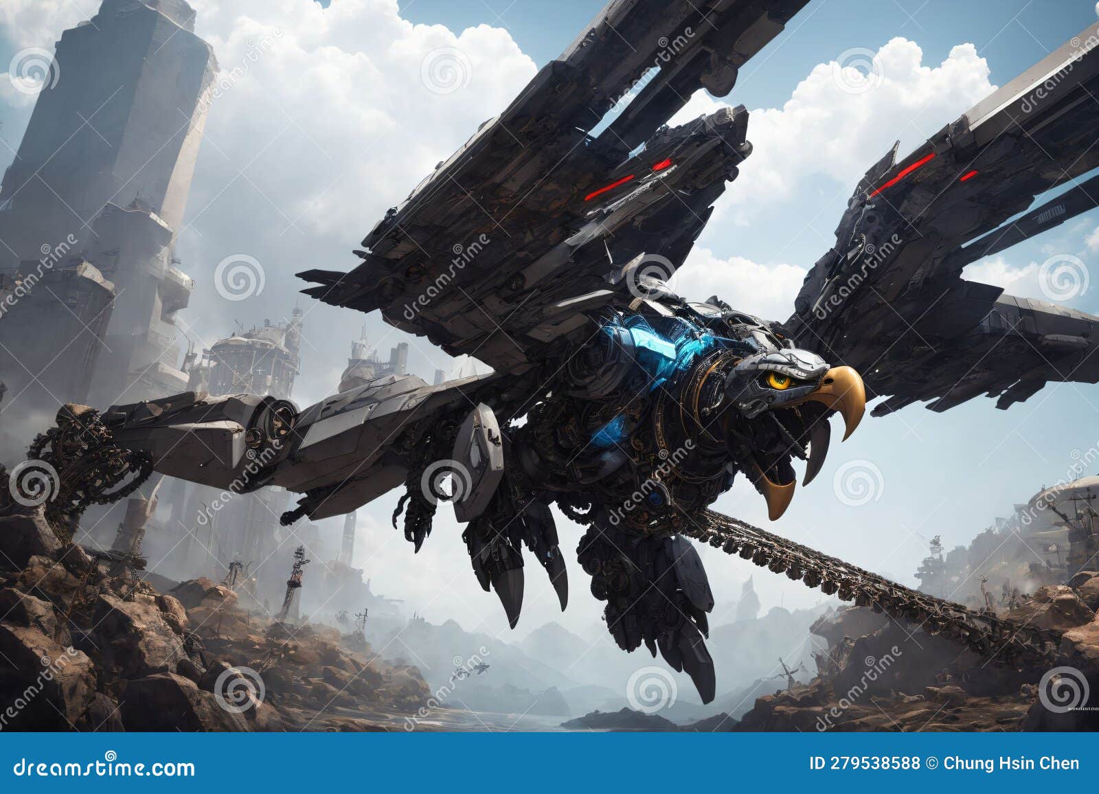 Mech Eagle Flying Over the Battlefield Stock Illustration - Illustration of monument, army ...