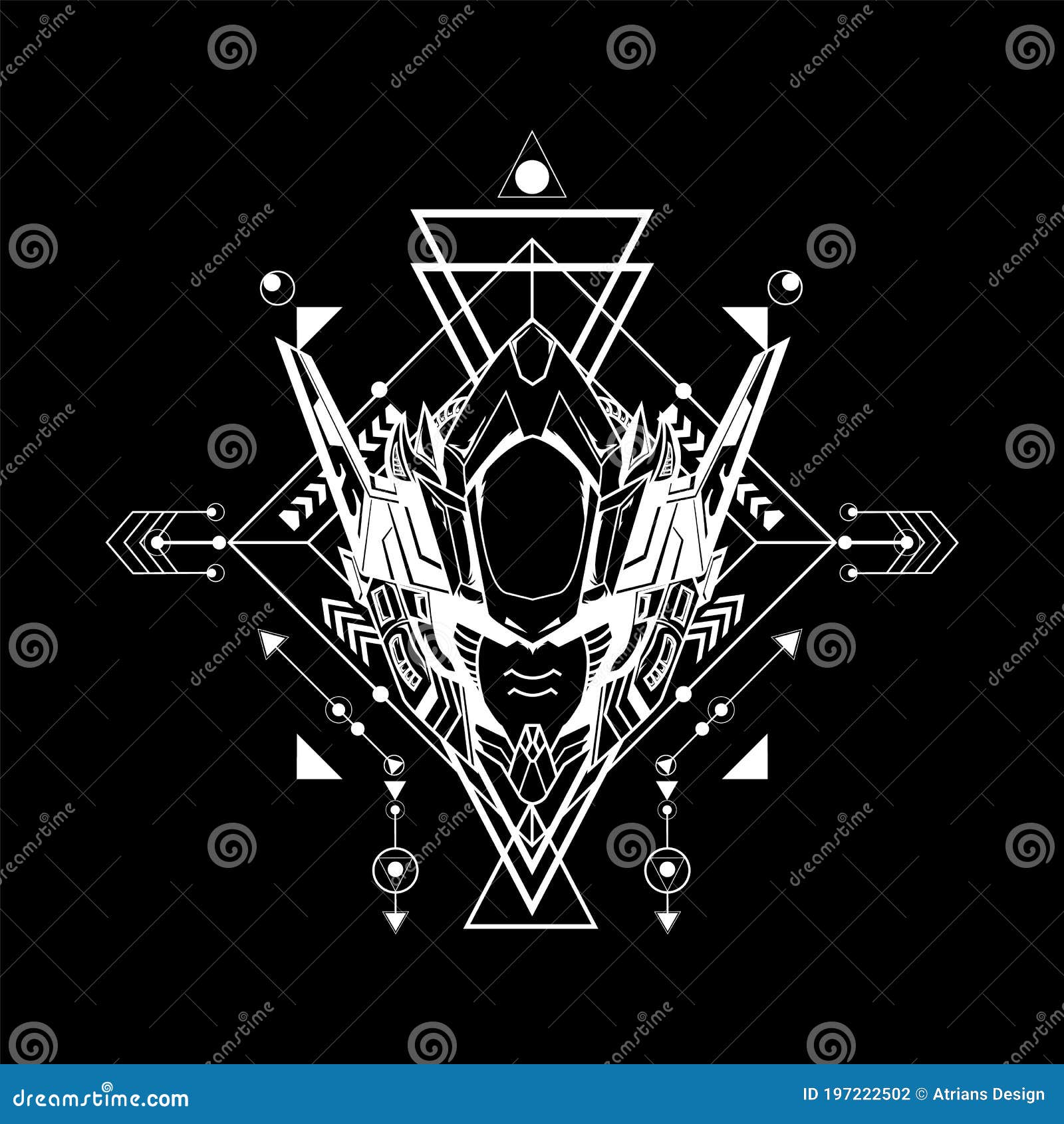 Mecha Head Illustration with Sacred Geometry on Black Background Stock ...