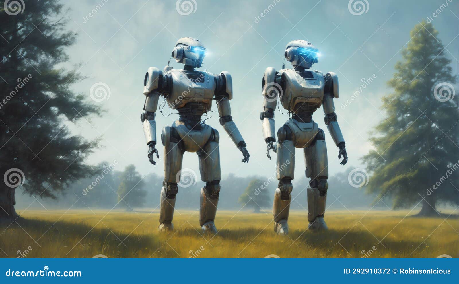 Mecha Robot Standing On A Meadow. Scifi Illustraiton In High Resolution ...