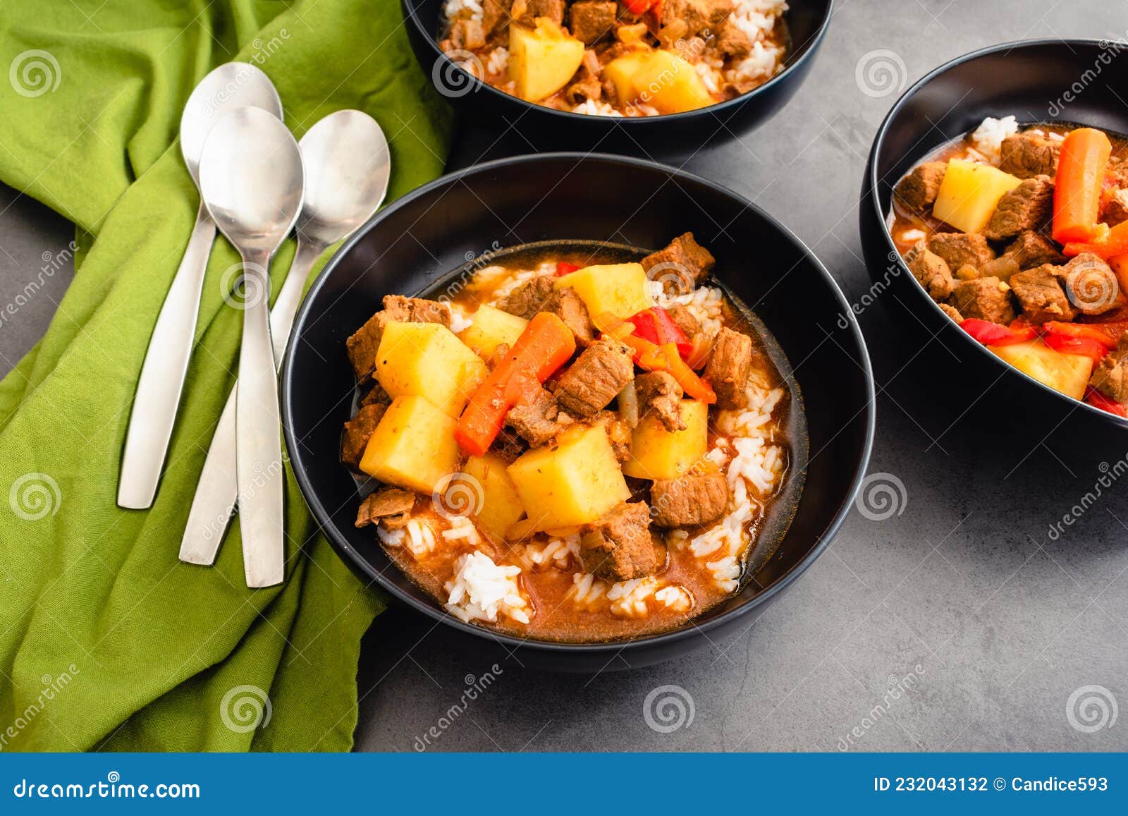 Filipino Beef Caldereta With Rice Top View Stock Photo | CartoonDealer ...