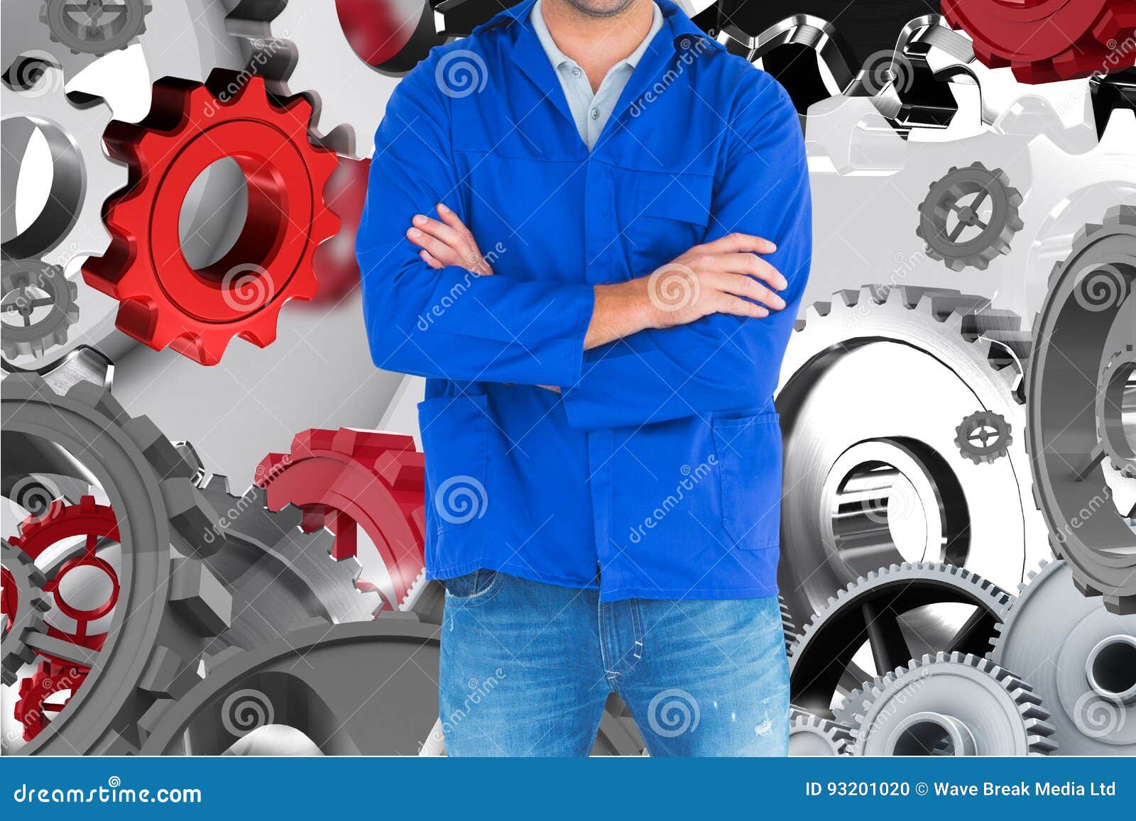 Mechanic Against Background with 3d Cogs Stock Photo - Image of male ...
