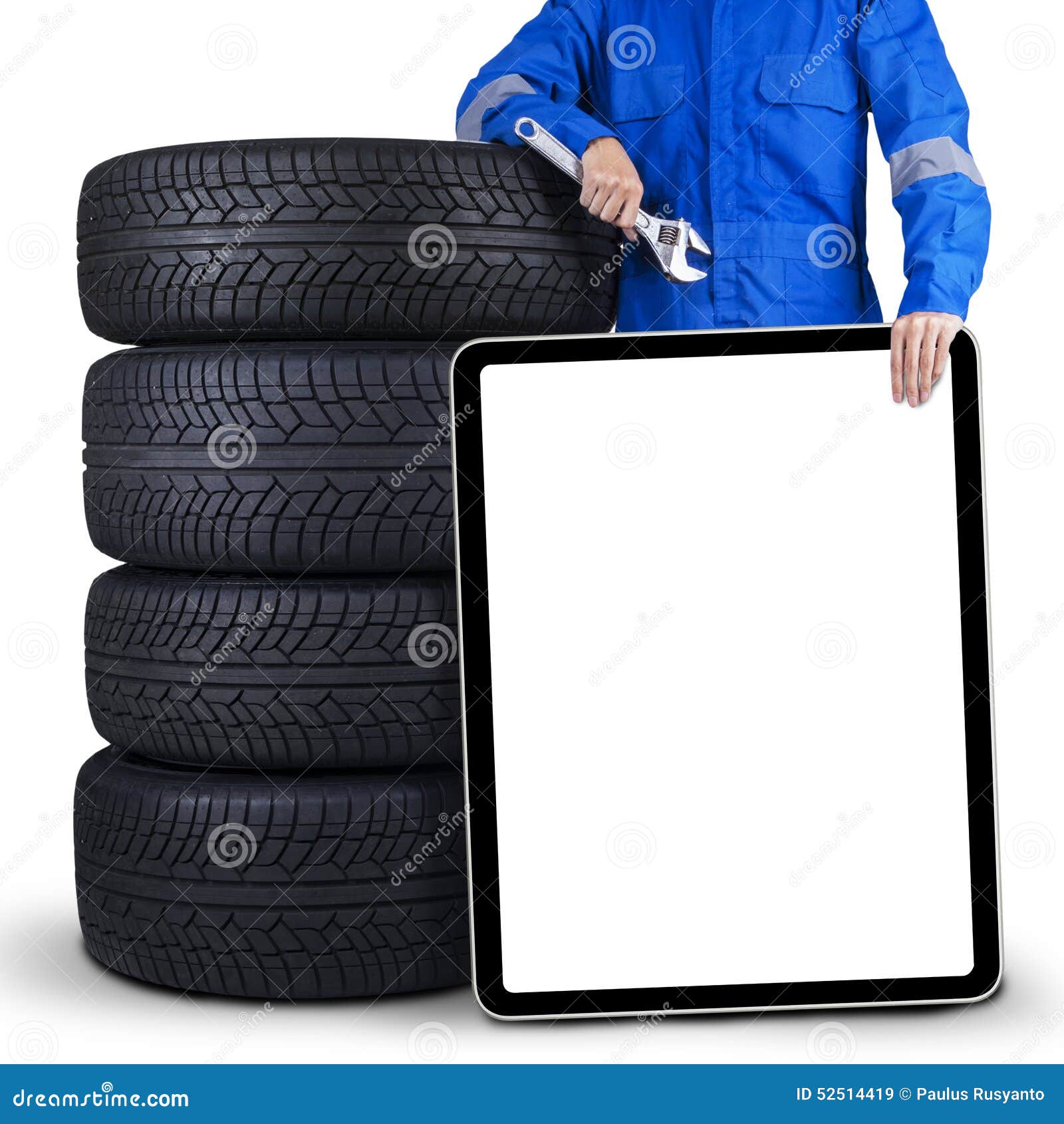 Mechanic with Billboard and Tires Stock Image - Image of empty ...