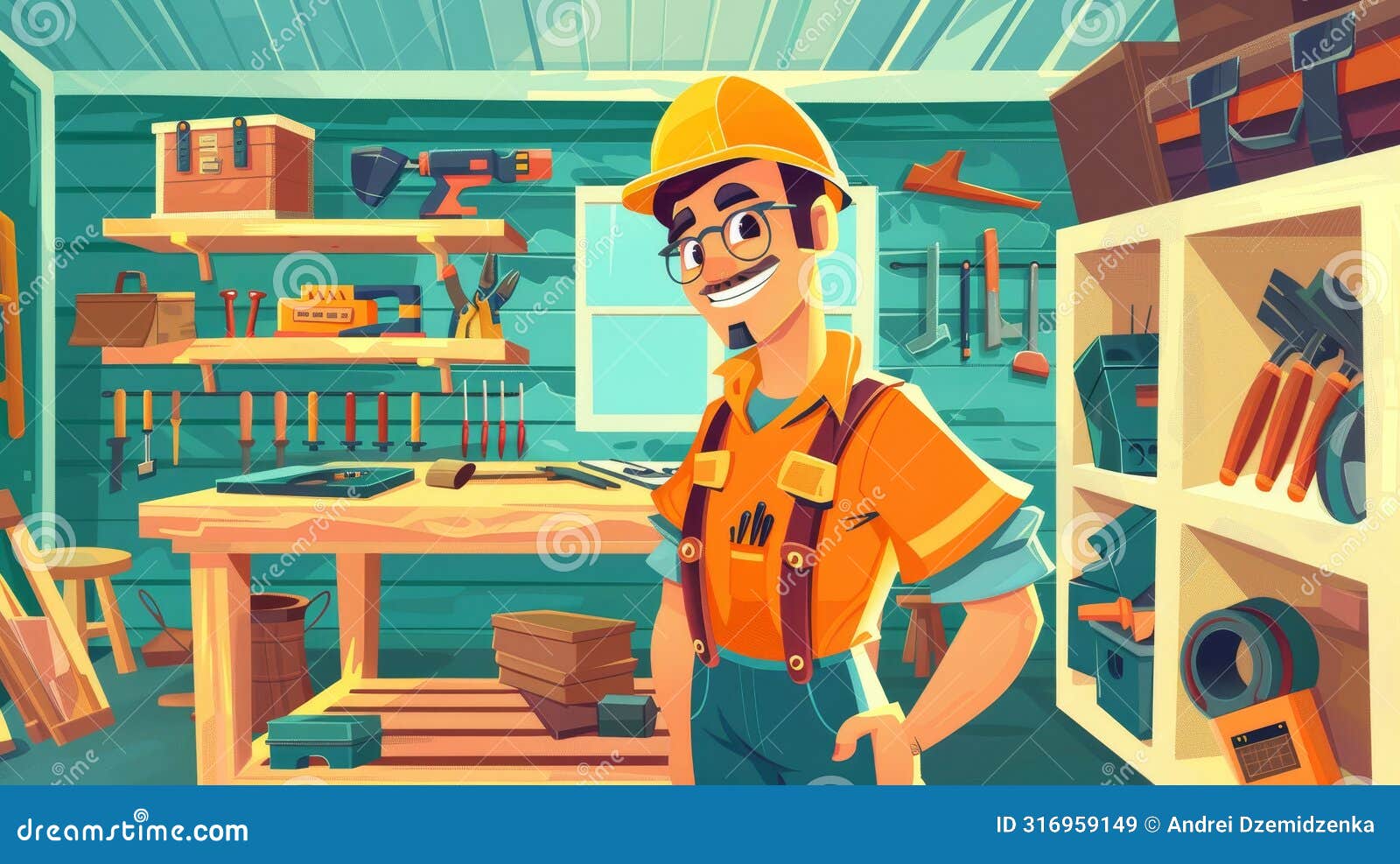 Mechanic or Builder in Workshop with Construction Tools, Table and ...