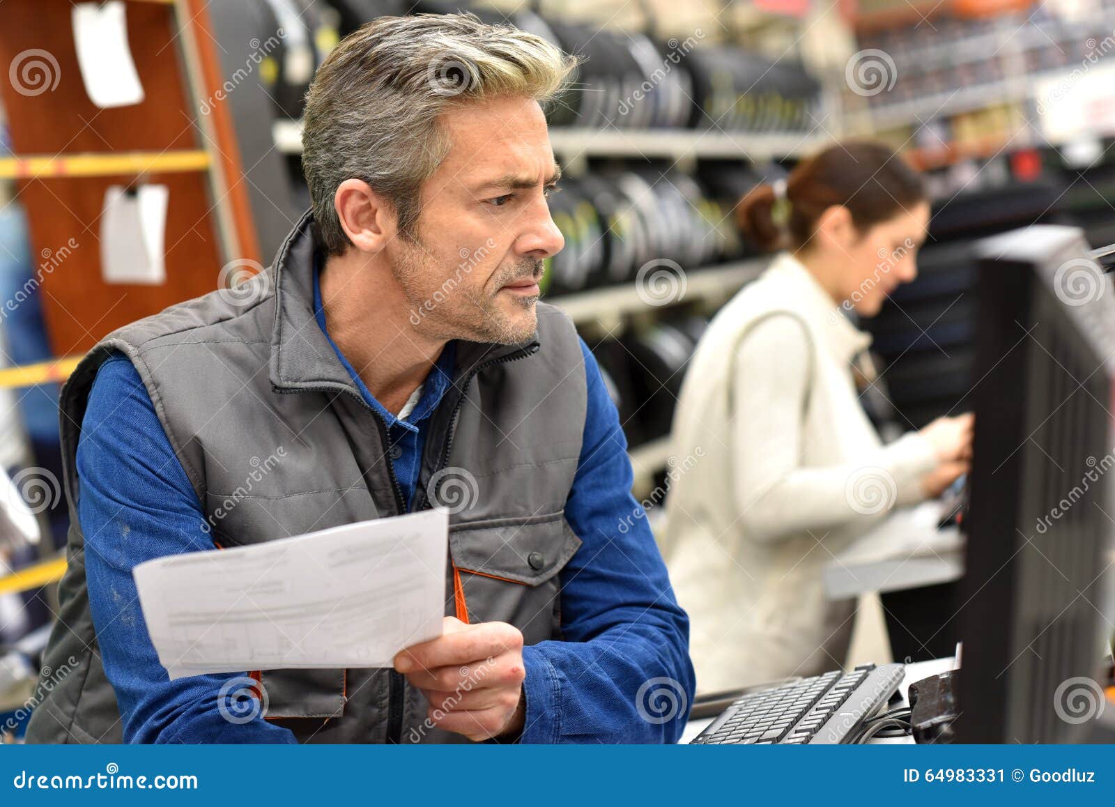 Mechanic in Car Shop Working on Computer Stock Image - Image of editing ...