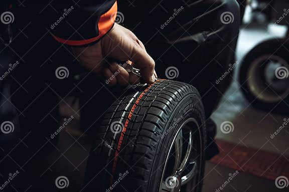 Mechanic Checking Tire Tread Depth Using a Tire Gauge. Generative AI ... Mechanic Checking Tire Tread Depth Using a Tire Gauge. Generative AI ...
