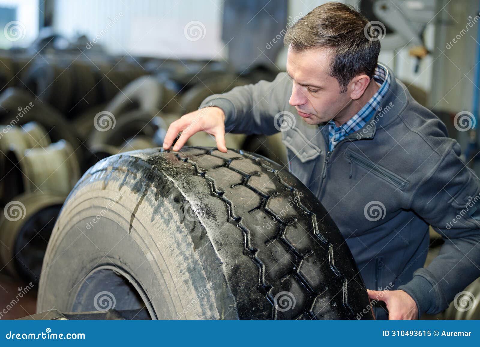 Mechanic Checking Tread on Lorry Wheel Stock Image - Image of surface ...