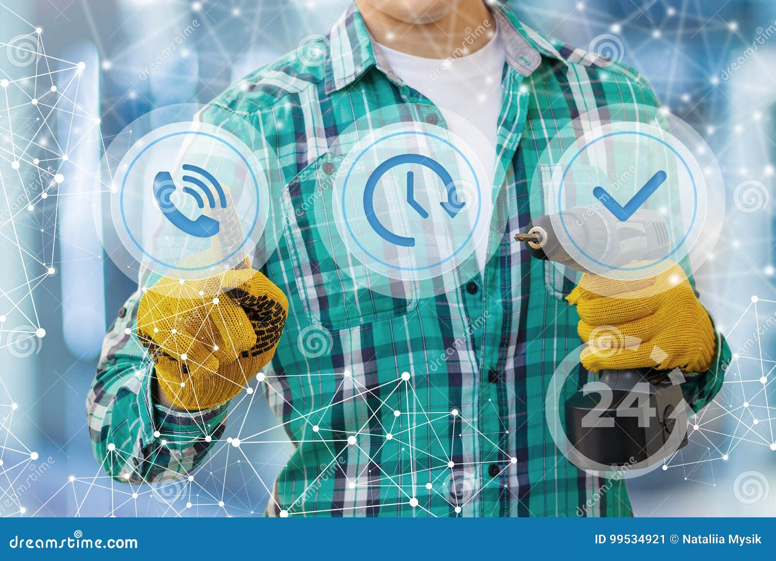 Mechanic Clicks the Call Button on Virtual Screen. Stock Image - Image ...