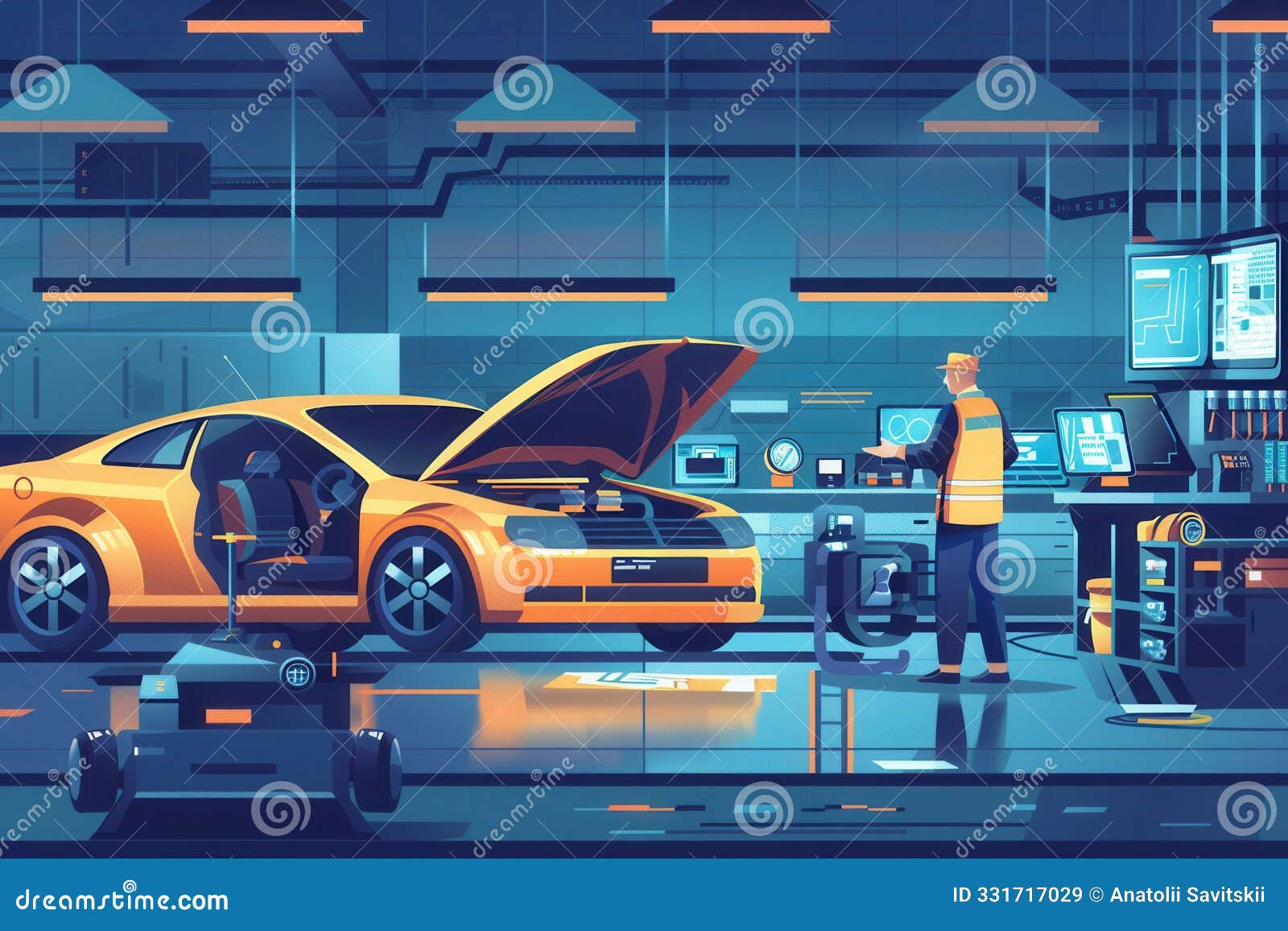 A Mechanic is Conducting Computer Diagnostics and Repairing an Engine ...