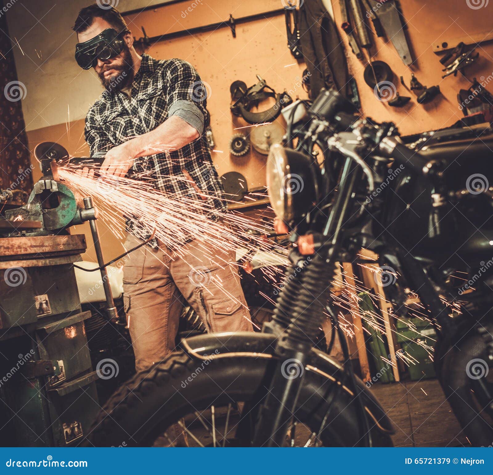 Mechanic Doing Lathe Work in Motorcycle Customs Garage Stock Image ...