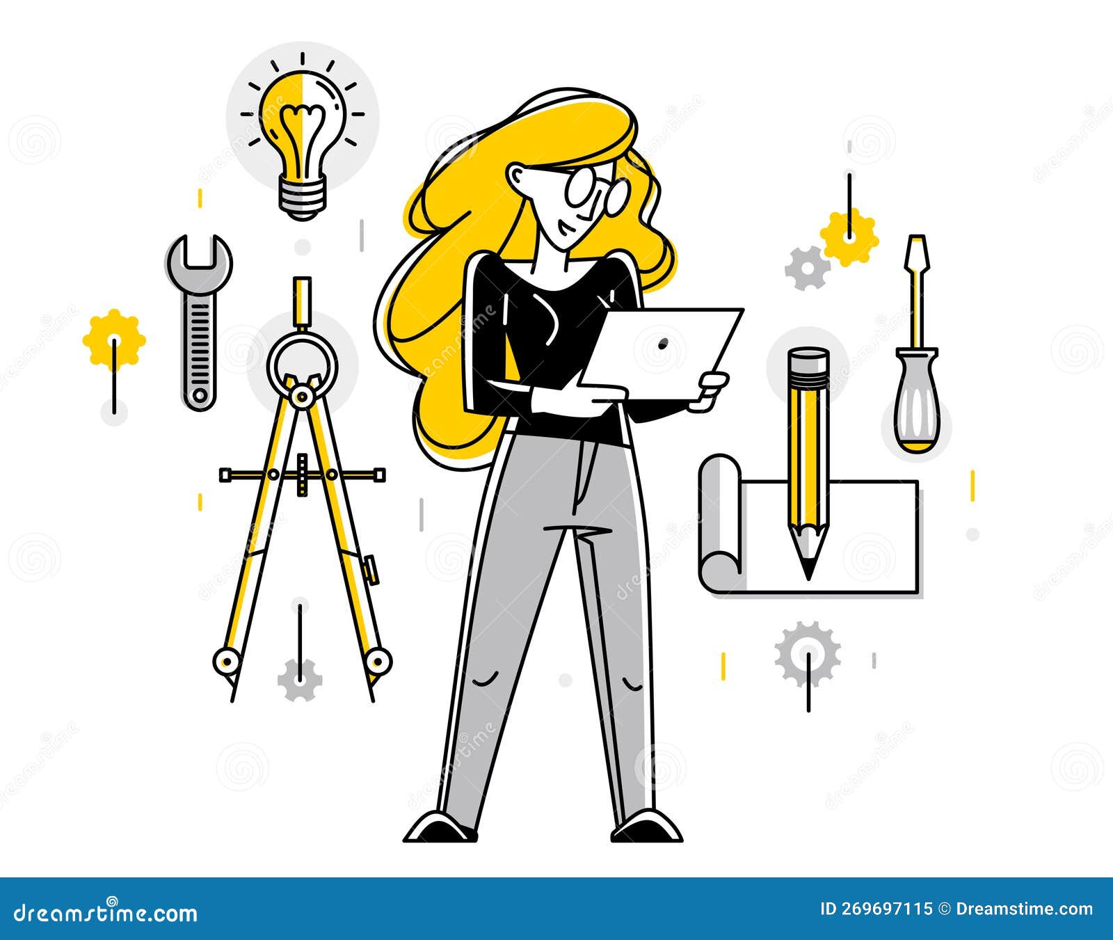 Mechanic Engineer Working on a Draft Plan Vector Illustration, Inventor ...