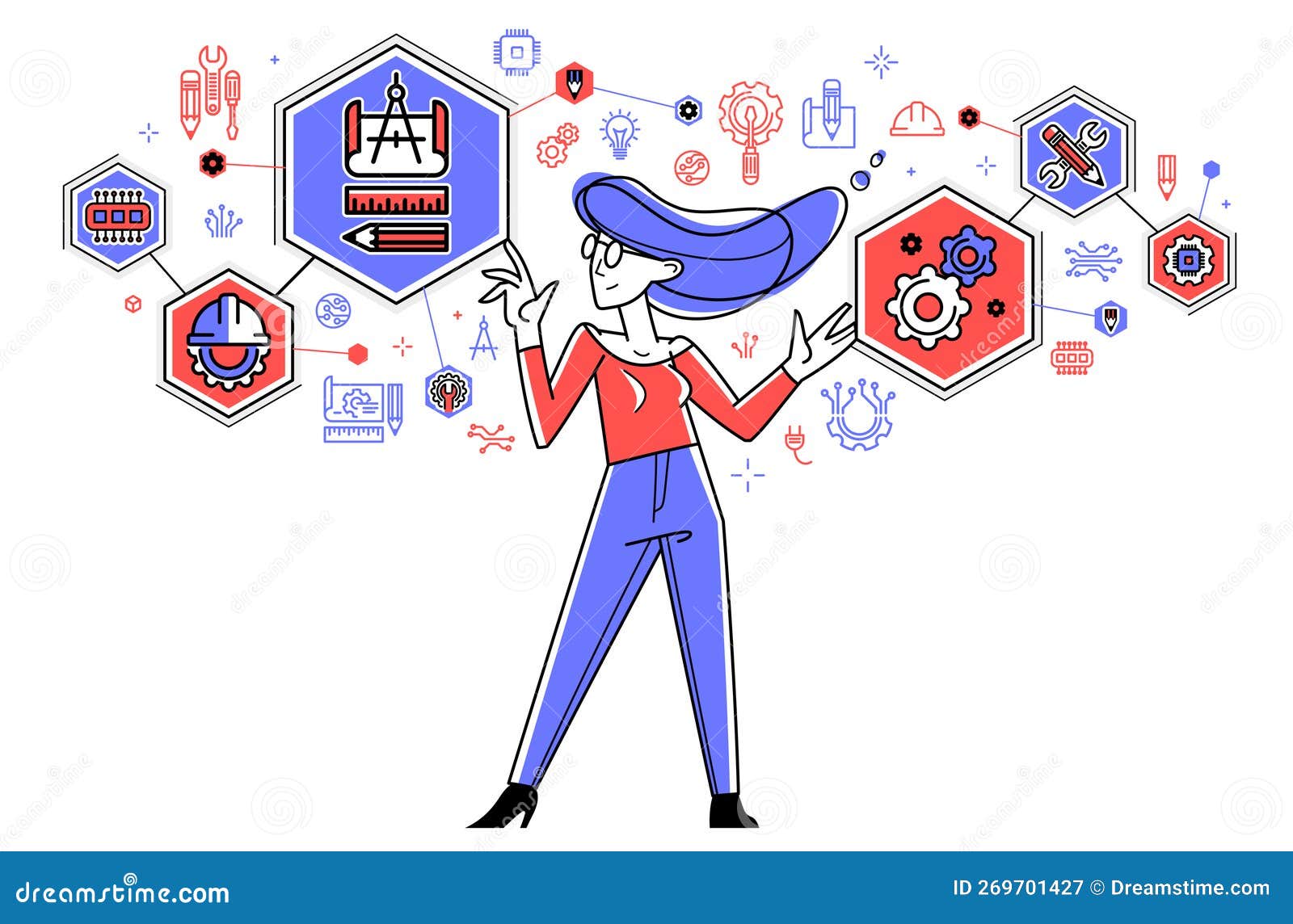 Mechanic Engineer Working on a Draft Plan Vector Illustration, Inventor ...