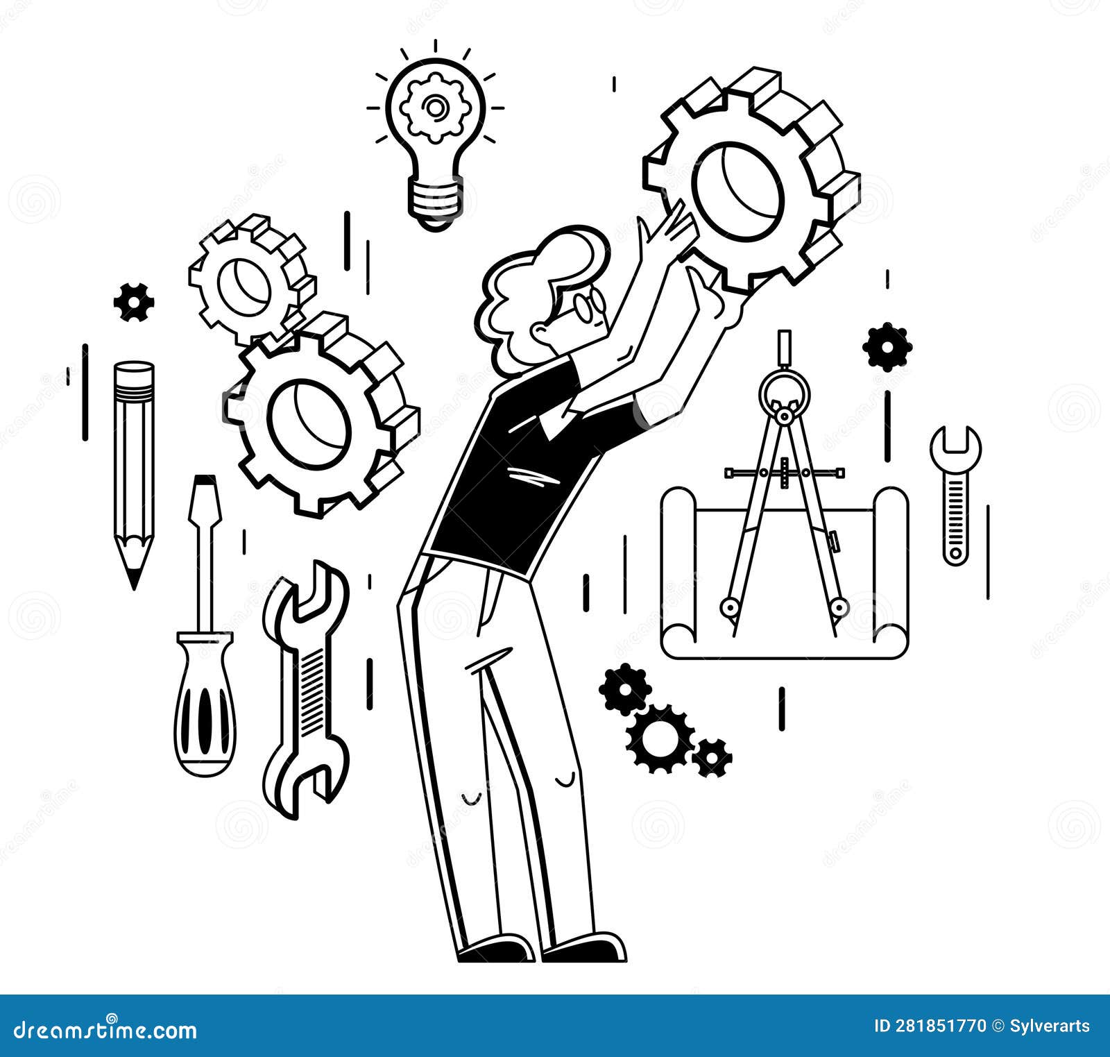 Mechanic Engineer Working on a Draft Plan Vector Illustration, Inventor ...