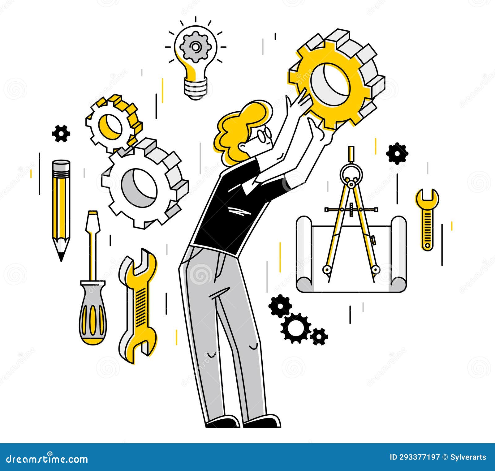 Mechanic Engineer Working on a Draft Plan Vector Illustration, Inventor ...