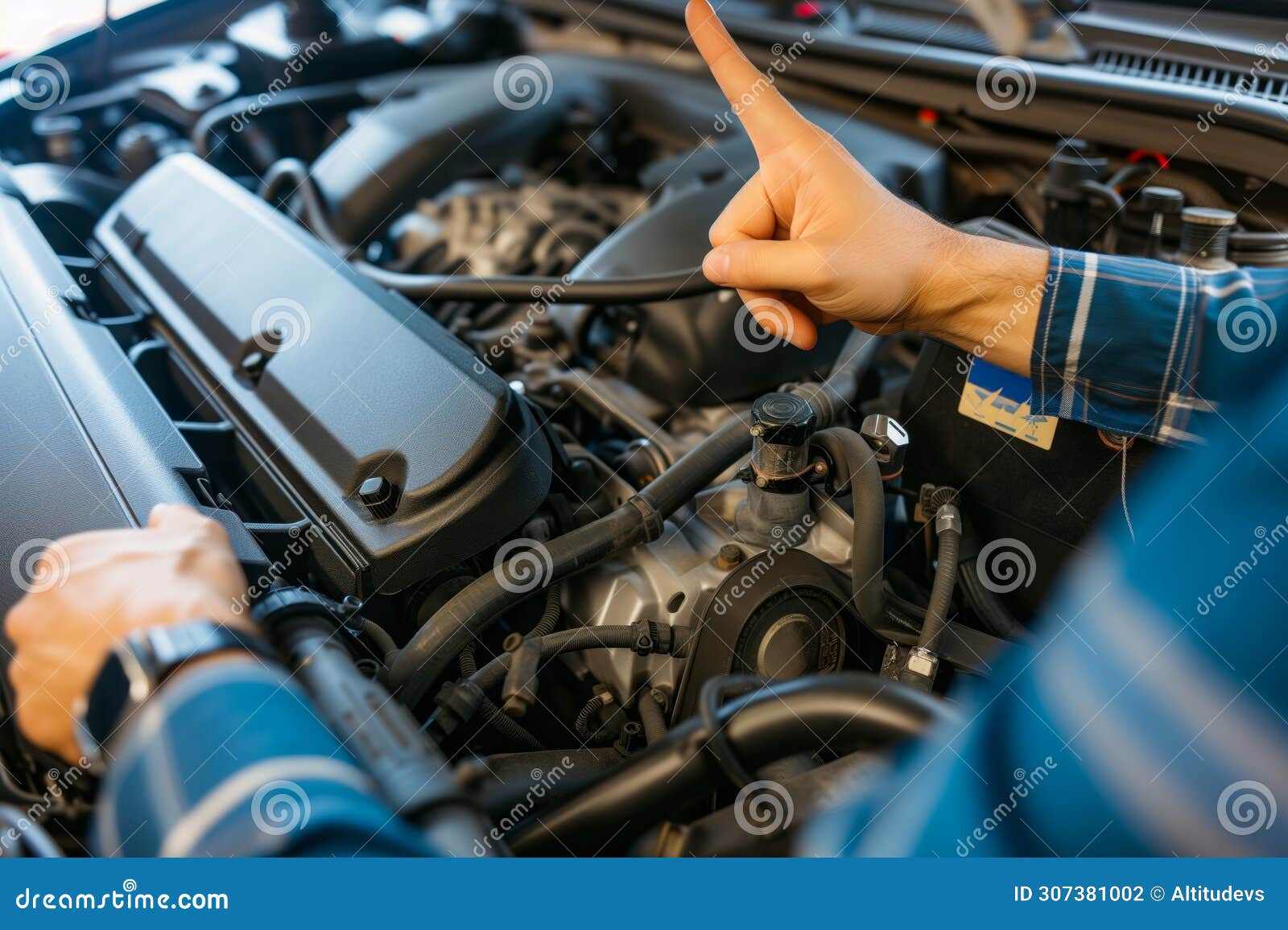 Mechanic with Finger Up, Car Engine, and Tools Stock Photo - Image of ...
