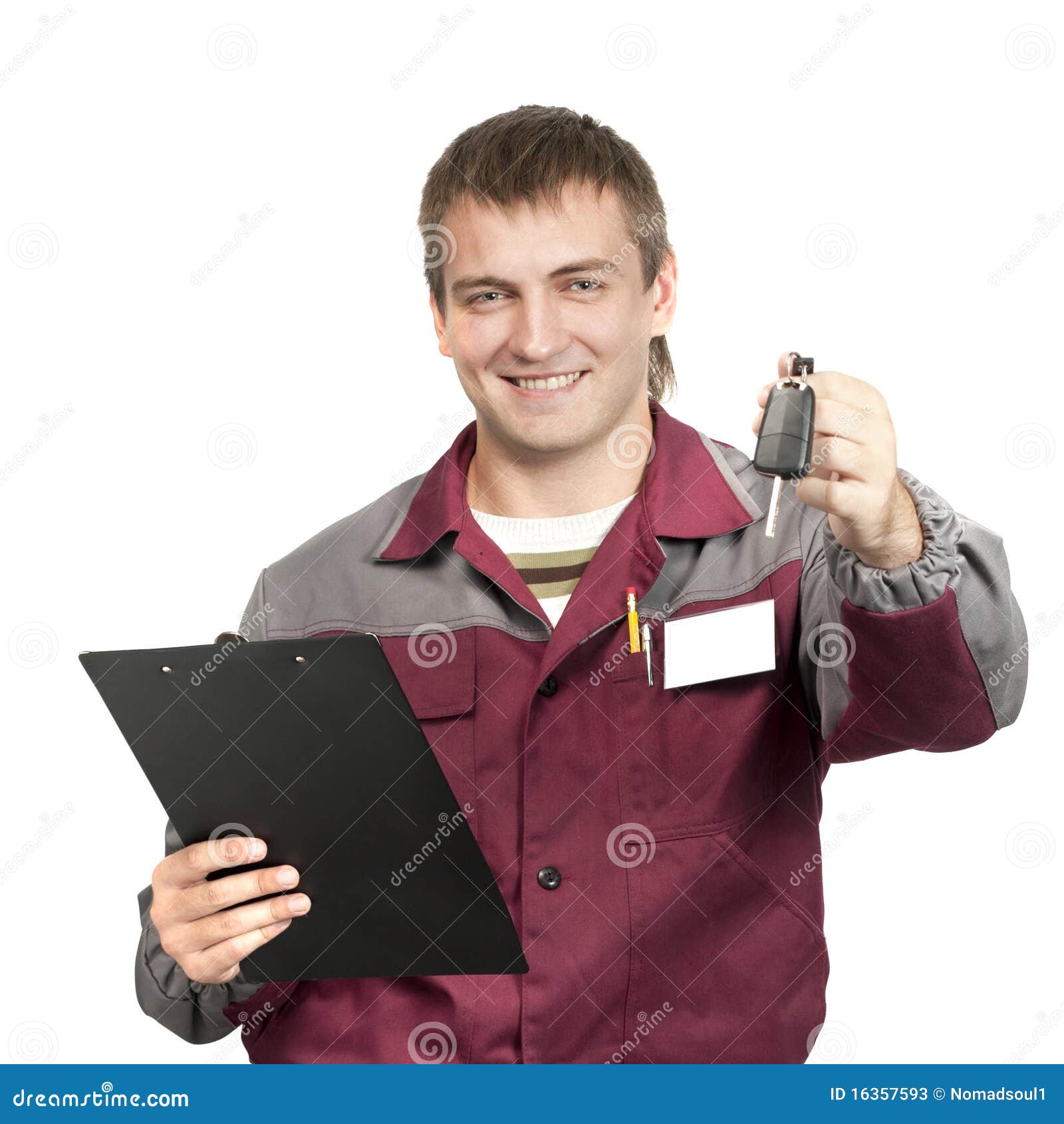 Mechanic giving a car key stock image. Image of cheerful - 16357593