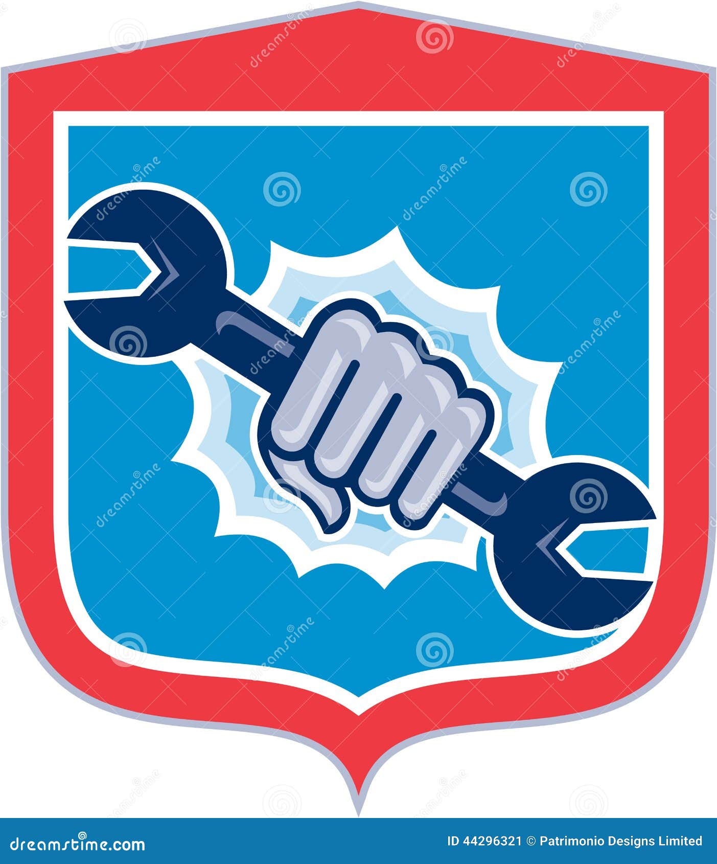 Mechanic Hand Holding Spanner Shield Punching Stock Vector ...