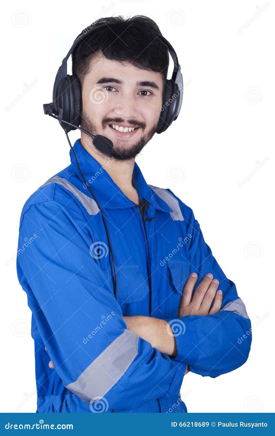 Mechanic with Headset and Smiling in Studio Stock Image - Image of male ...