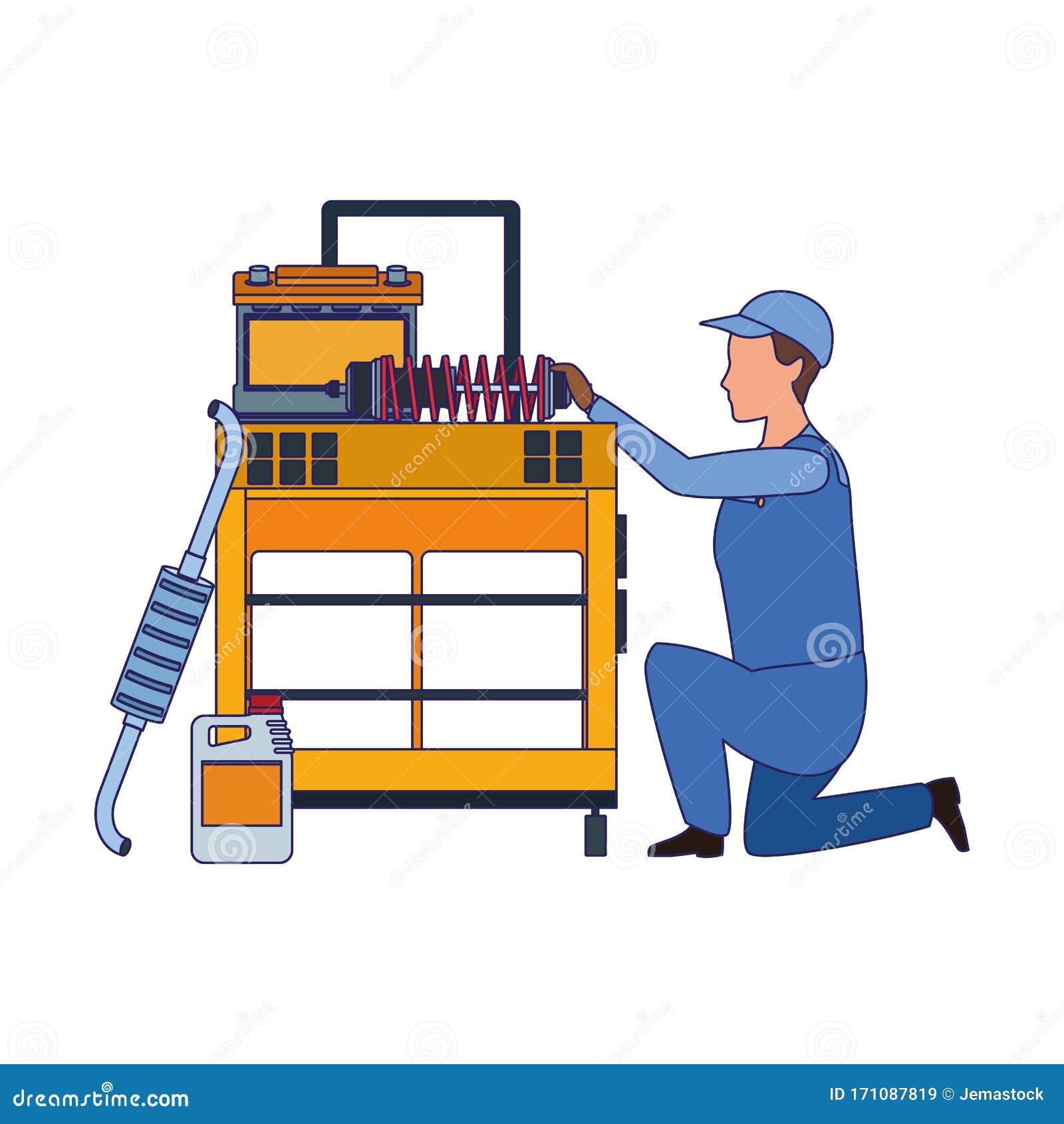 Mechanic Kneeling At Tools Trolley Cartoon Vector | CartoonDealer.com ...
