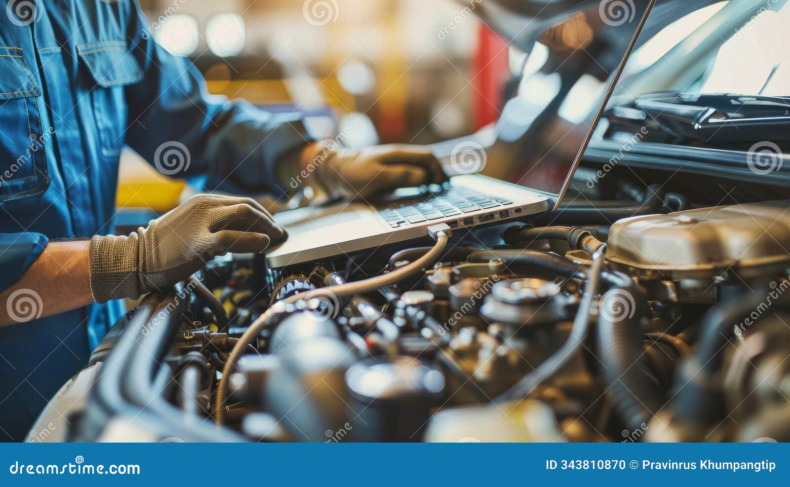 Mechanic with Laptop on Car Engine Diagnostic ECU Program at Garage ...