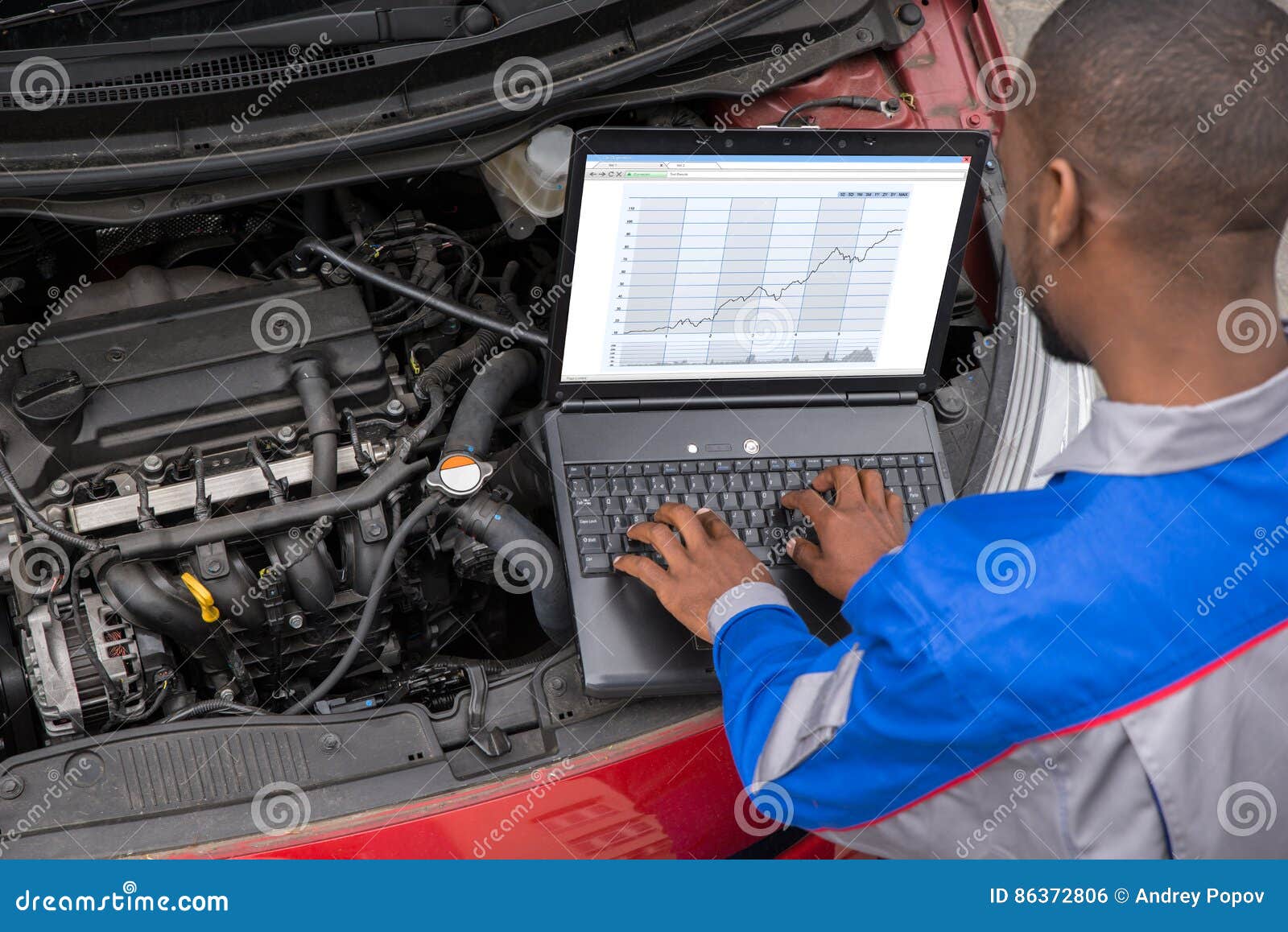 Mechanic with Laptop while Examining Engine Stock Photo - Image of ...