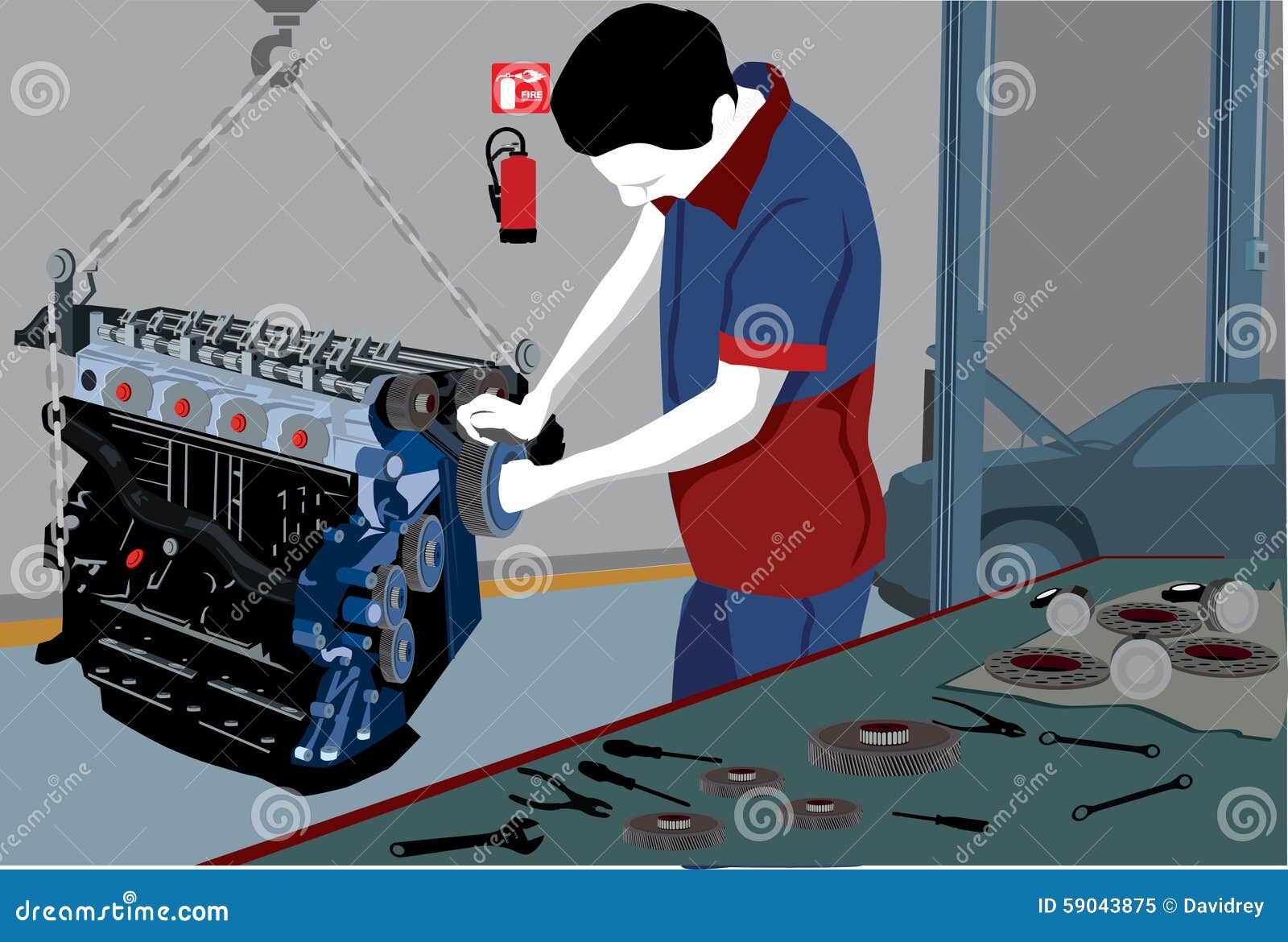 Mechanic in a motor stock illustration. Illustration of drawing - 59043875
