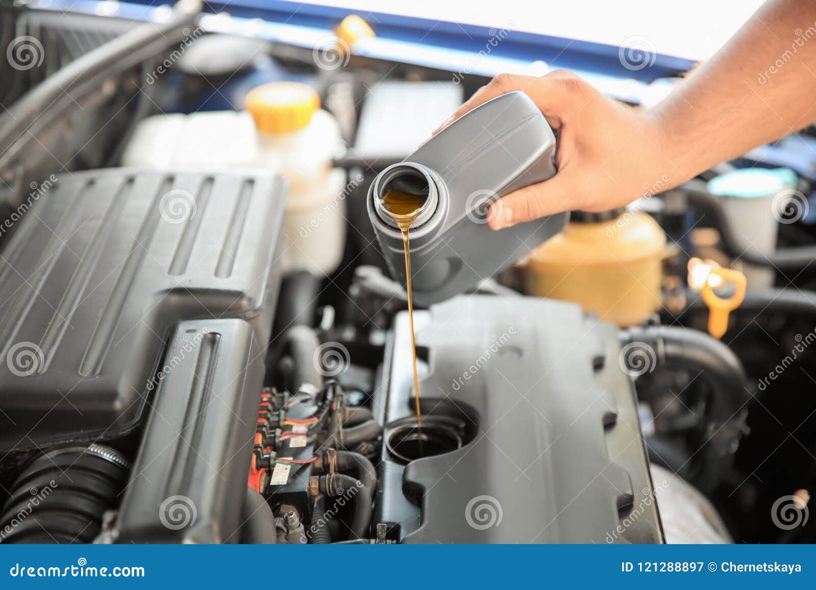 Mechanic Pouring Oil into Car Engine Stock Image - Image of service ...