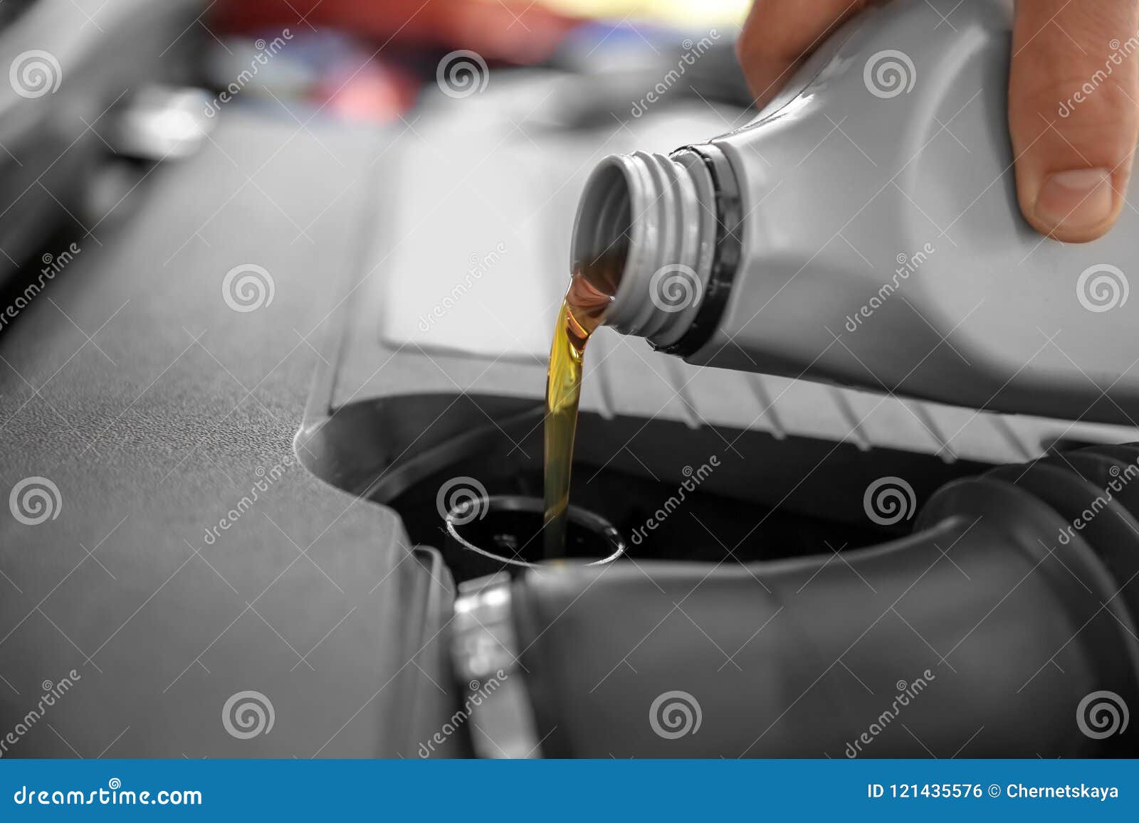 Mechanic Pouring Oil into Car Engine Stock Photo - Image of maintenance ...