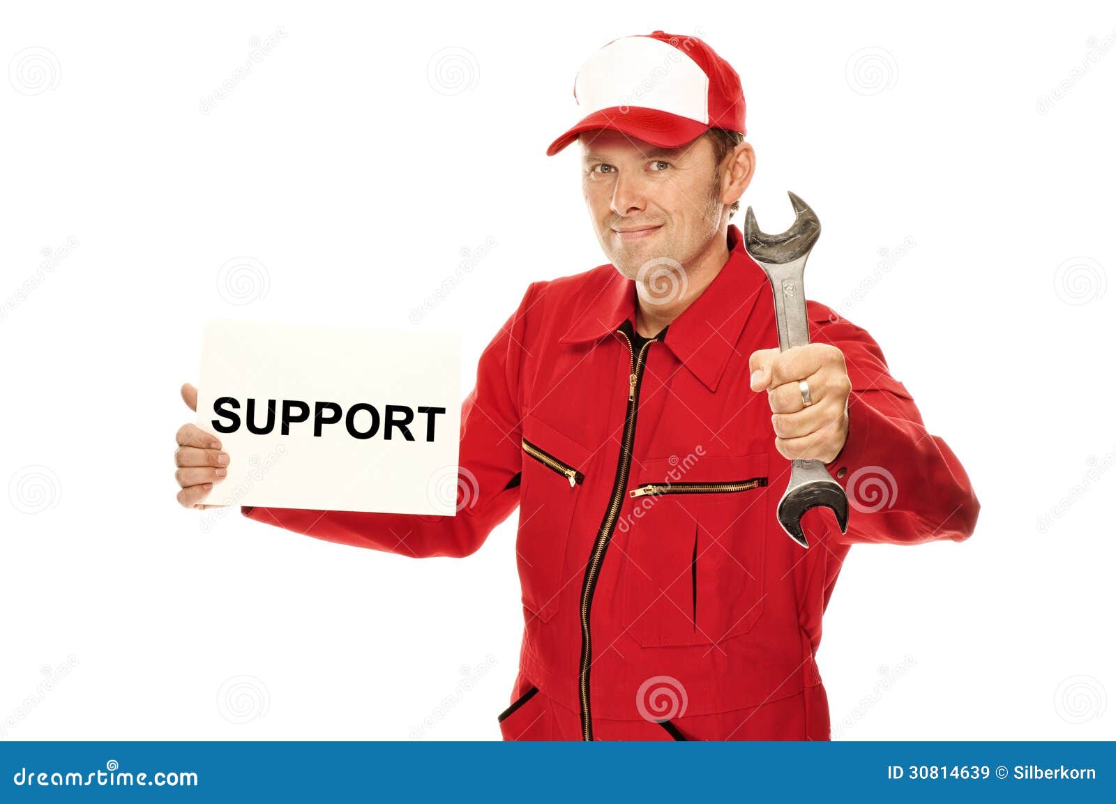 Mechanic in red Overall stock image. Image of head, sign - 30814639