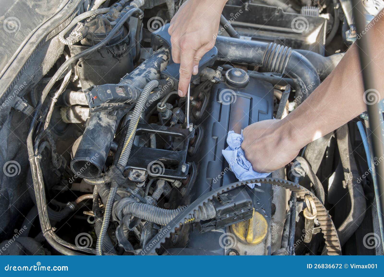 Mechanic Repairing Engine Outdoor Stock Photo - Image of hood, indoors ...