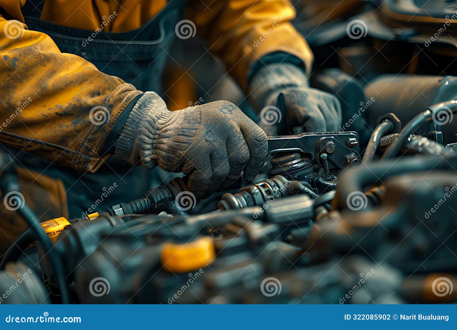 Mechanic S Gloved Hands Working on an Engine, Highlighting the ...