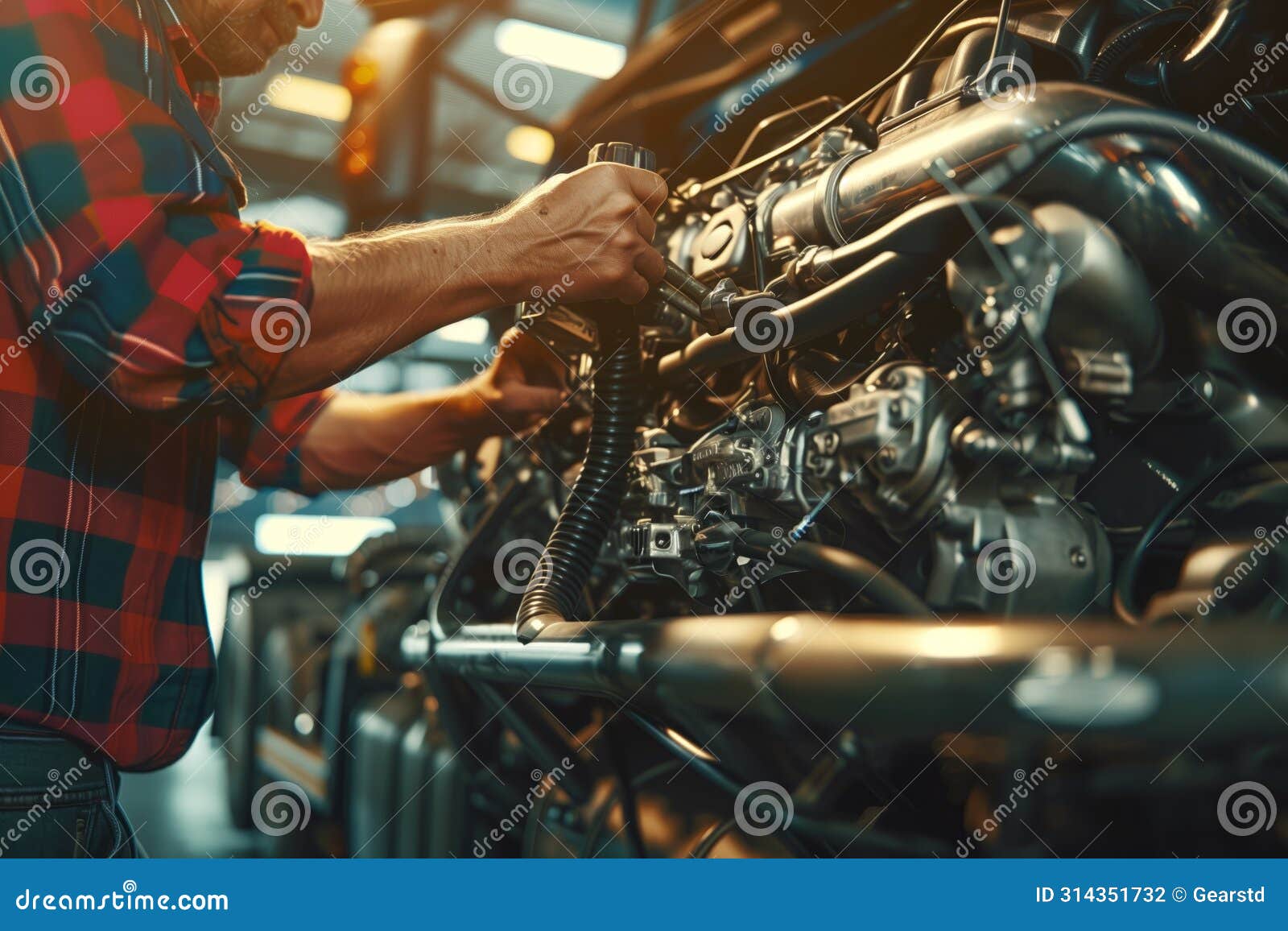 Mechanic at Work on a Gigantic Engine in a Vehicle Stock Photo - Image ...