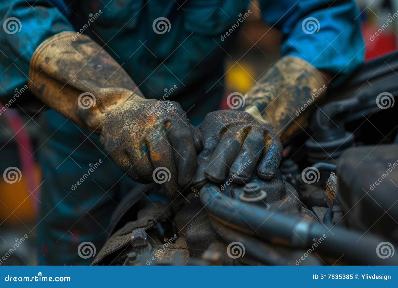 Mechanic& X27;s Hands at Work on Engine Stock Image - Image of gloves ...