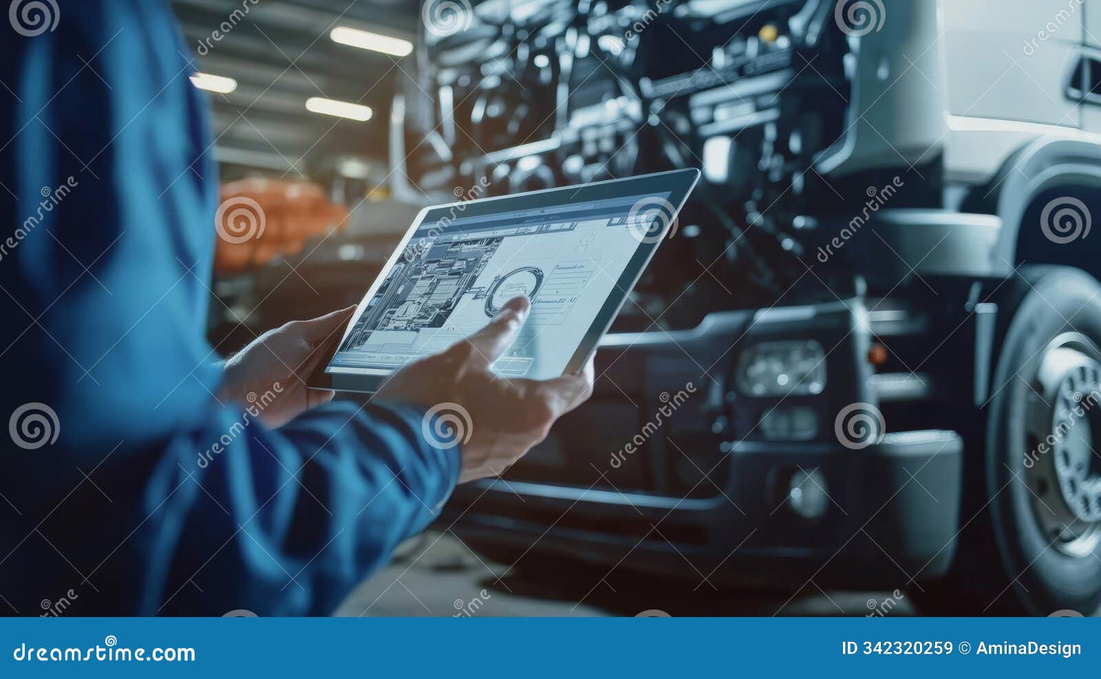 A Mechanic is Seen Diagnosing a Diesel Engine while Using a Tablet in a ...