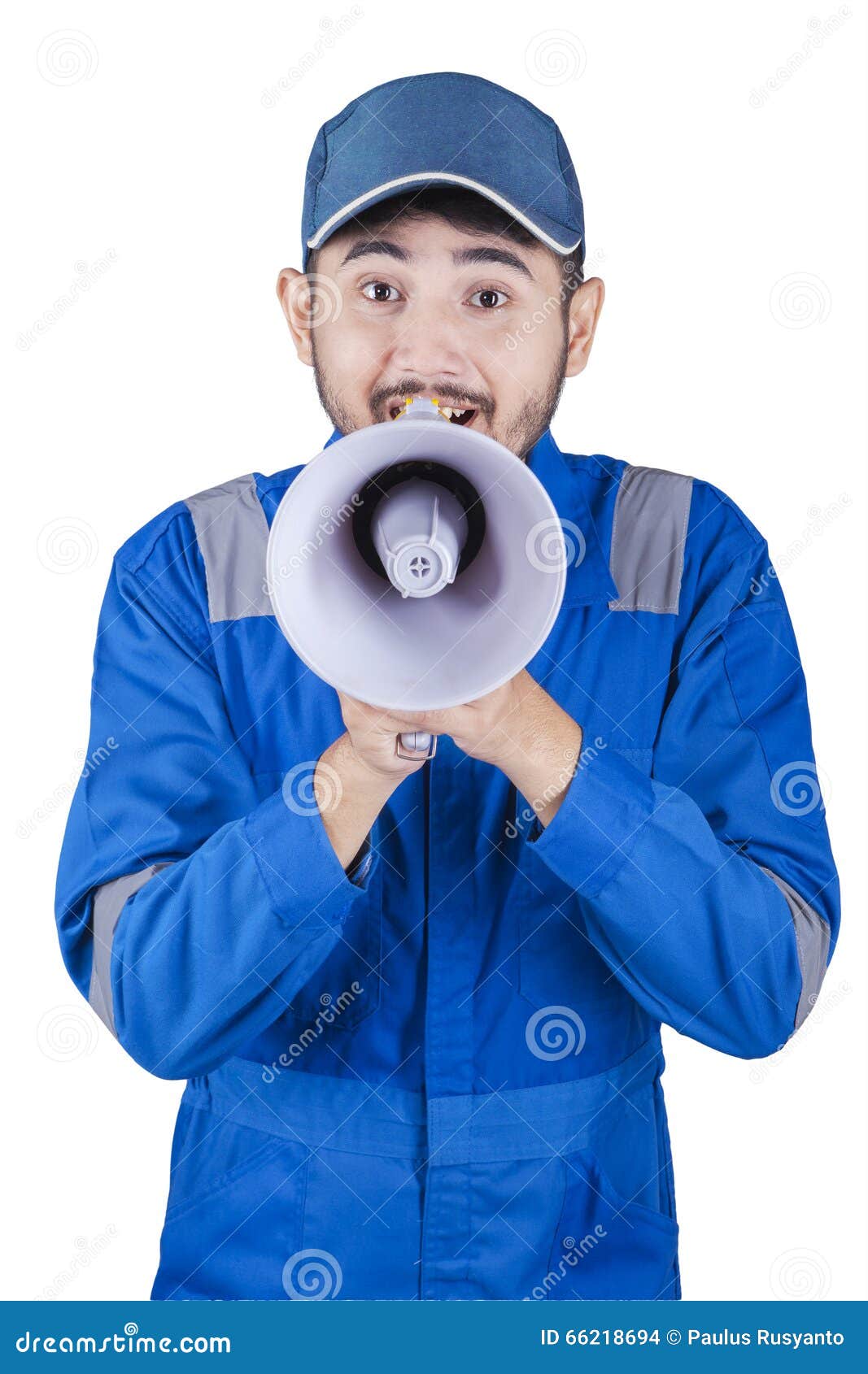 Mechanic is Shouting with Megaphone Stock Photo - Image of adult ...