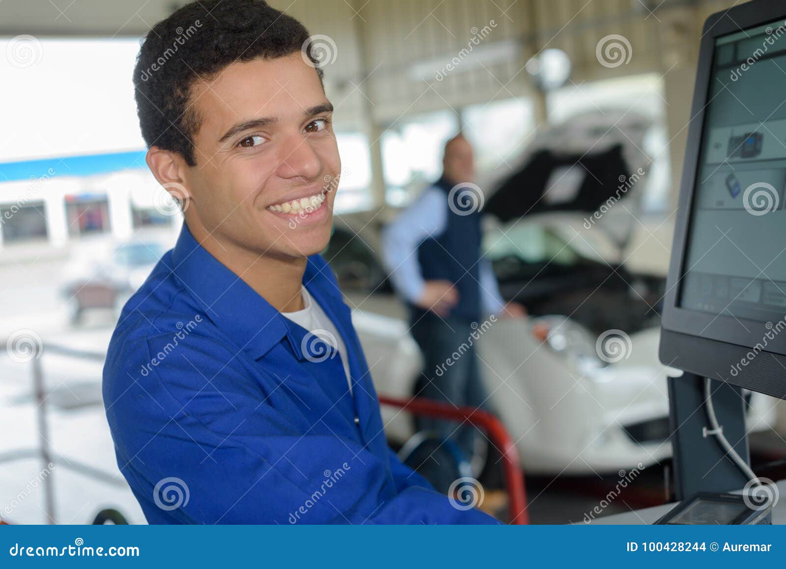 Mechanic Standing in Front Car with Pc Stock Photo - Image of ...