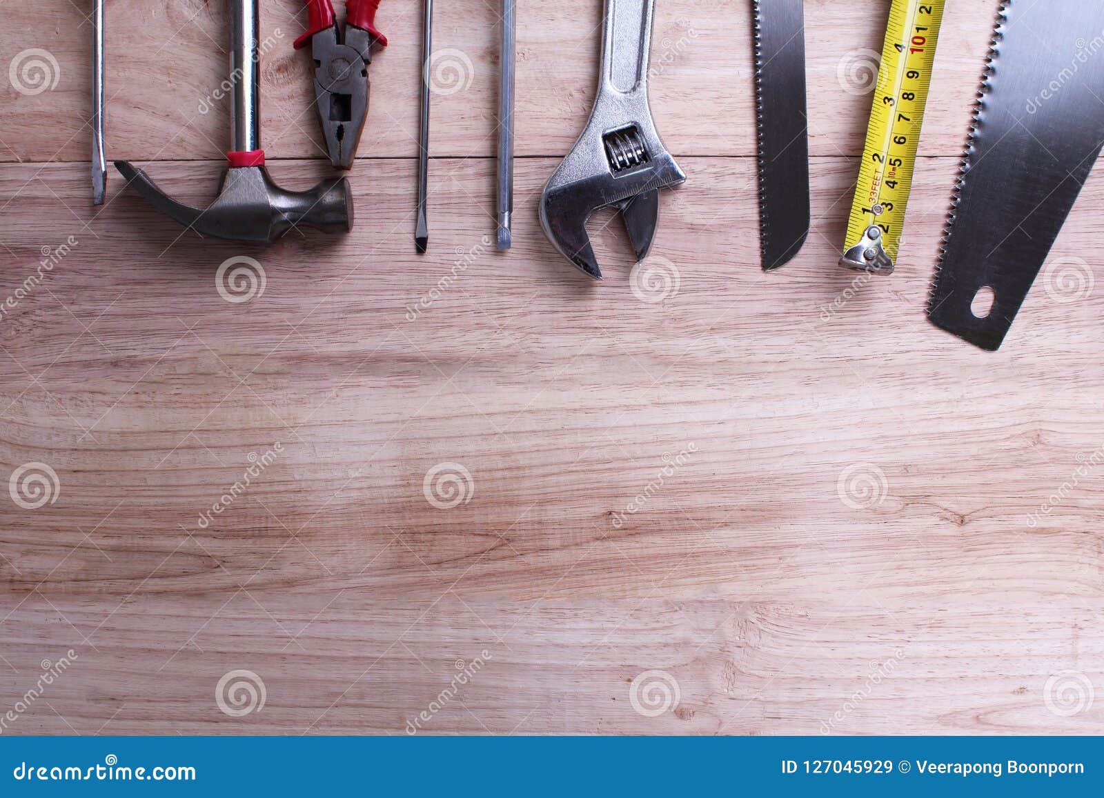 Mechanic Tools Set or Assorted Work Tools on Wooden Background Stock ...