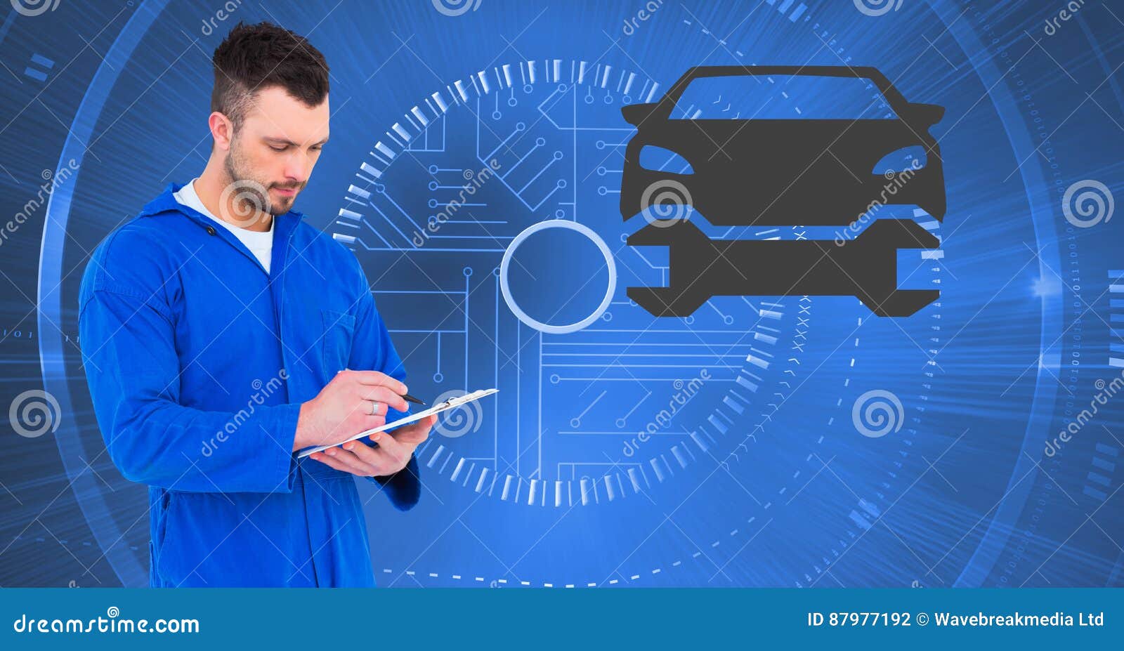 Mechanic Using Digital Tablet Against Car Mechanic Interface in ...
